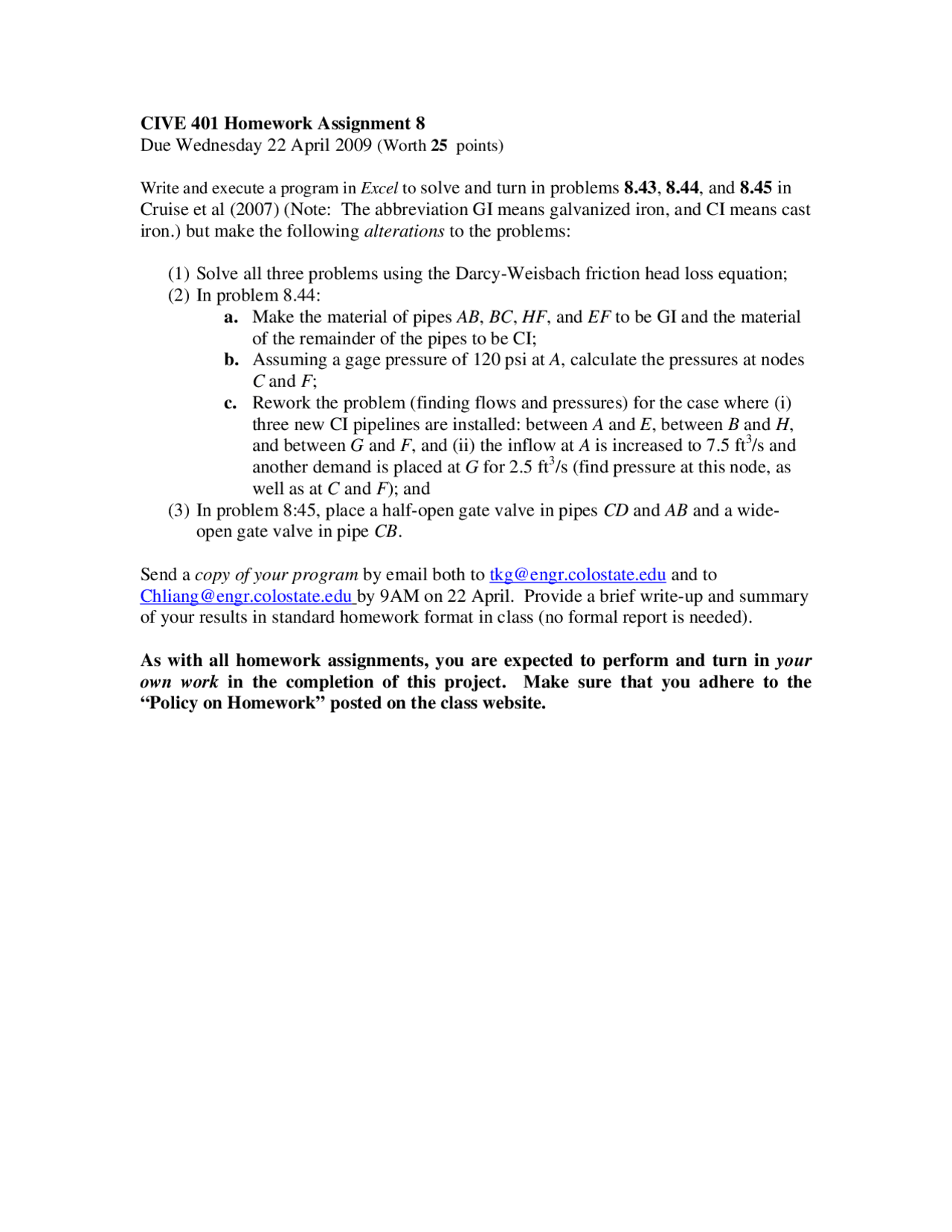 Homework Assignment 8 With Questions Hydraulic Engineering Cive 401