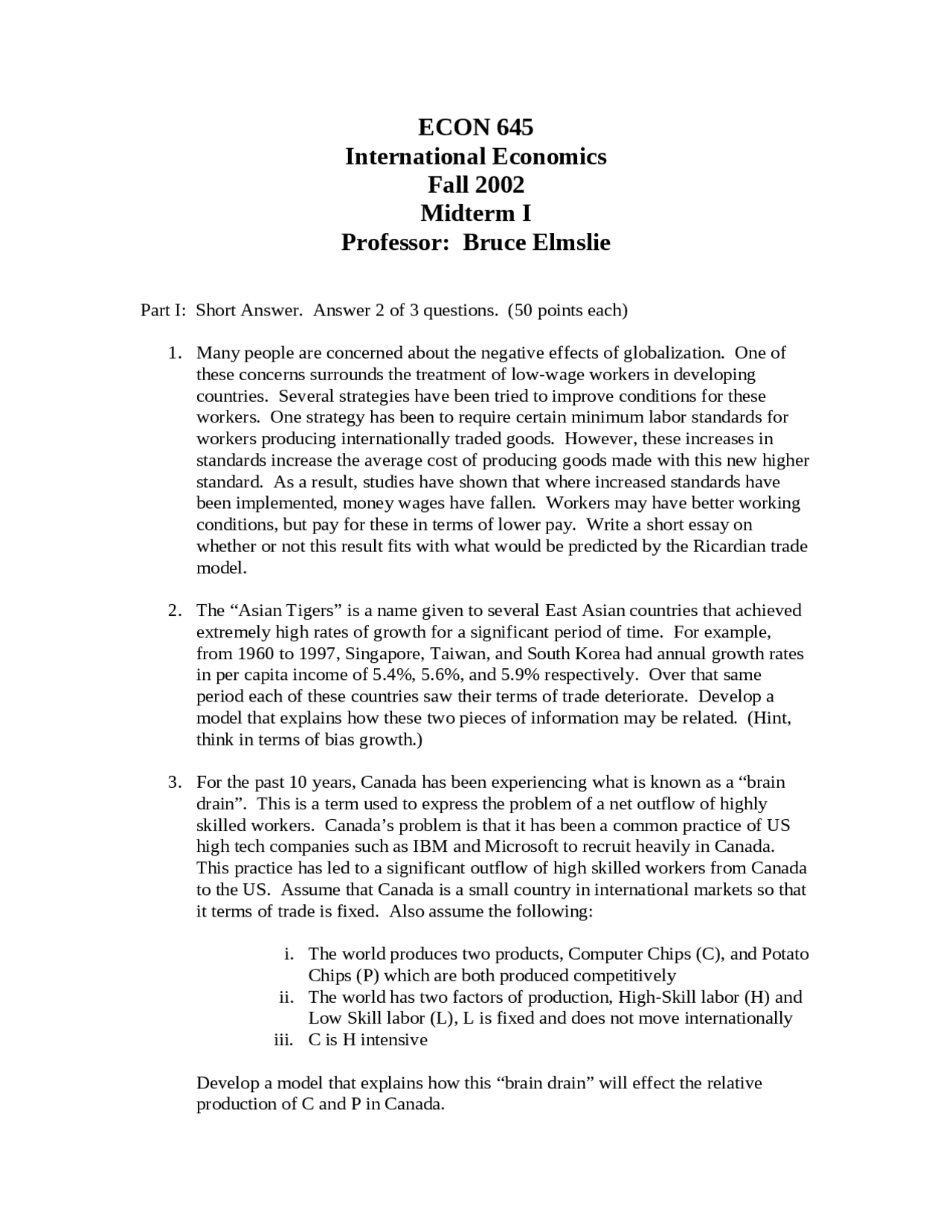 Midterm Exam I Questions International Economics Econ 645 Docsity