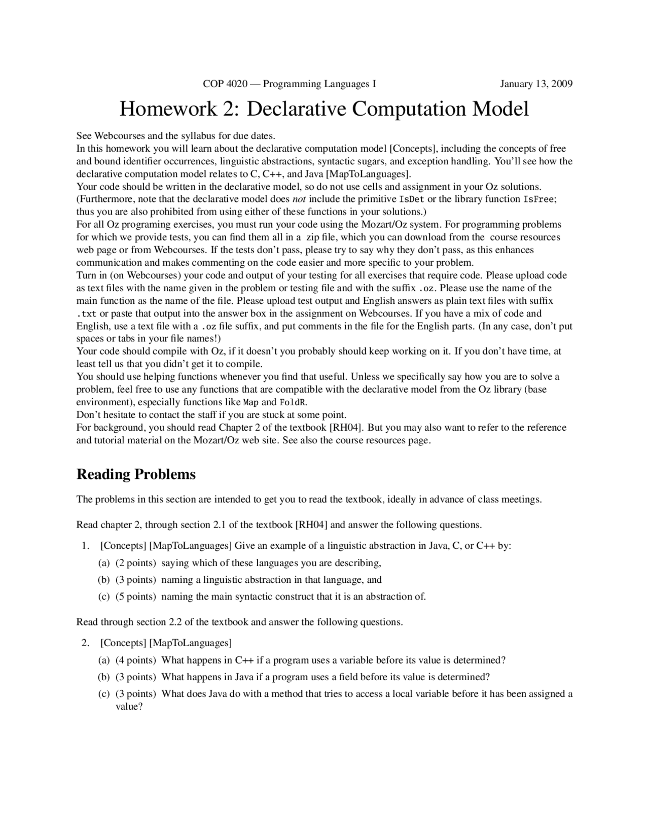Declarative Computation Model - Assignment 2 | COP 4020 - Docsity