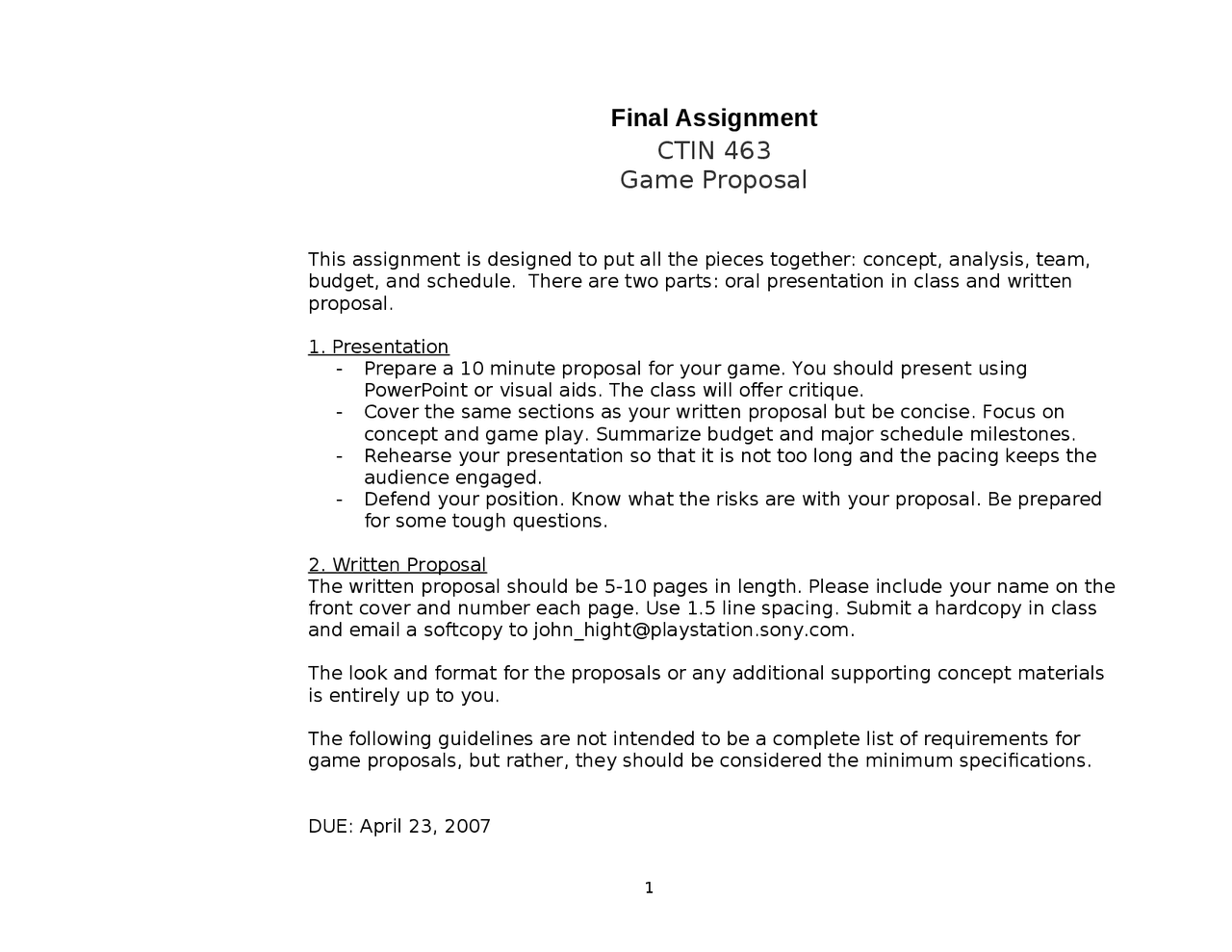 Final Assignment Game Proposal Anatomy Of A Game Ctin 463 Docsity