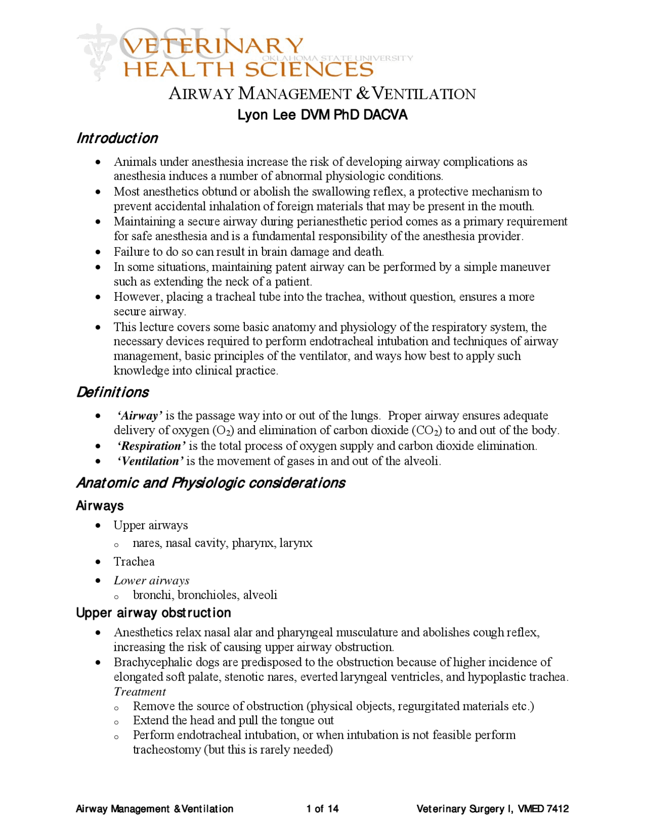 Airway Management And Ventilation Notes Vmed 7412 Docsity