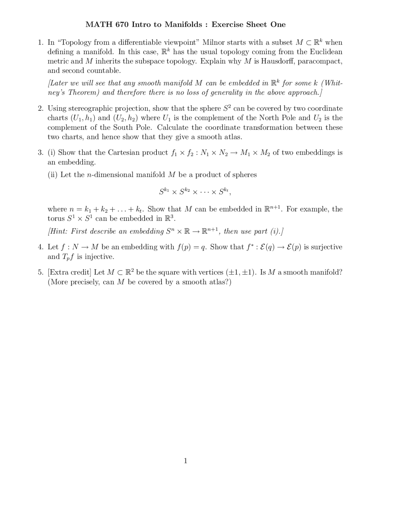 Exercise Sheet 1 For Introduction To Differential Manifolds Math 670
