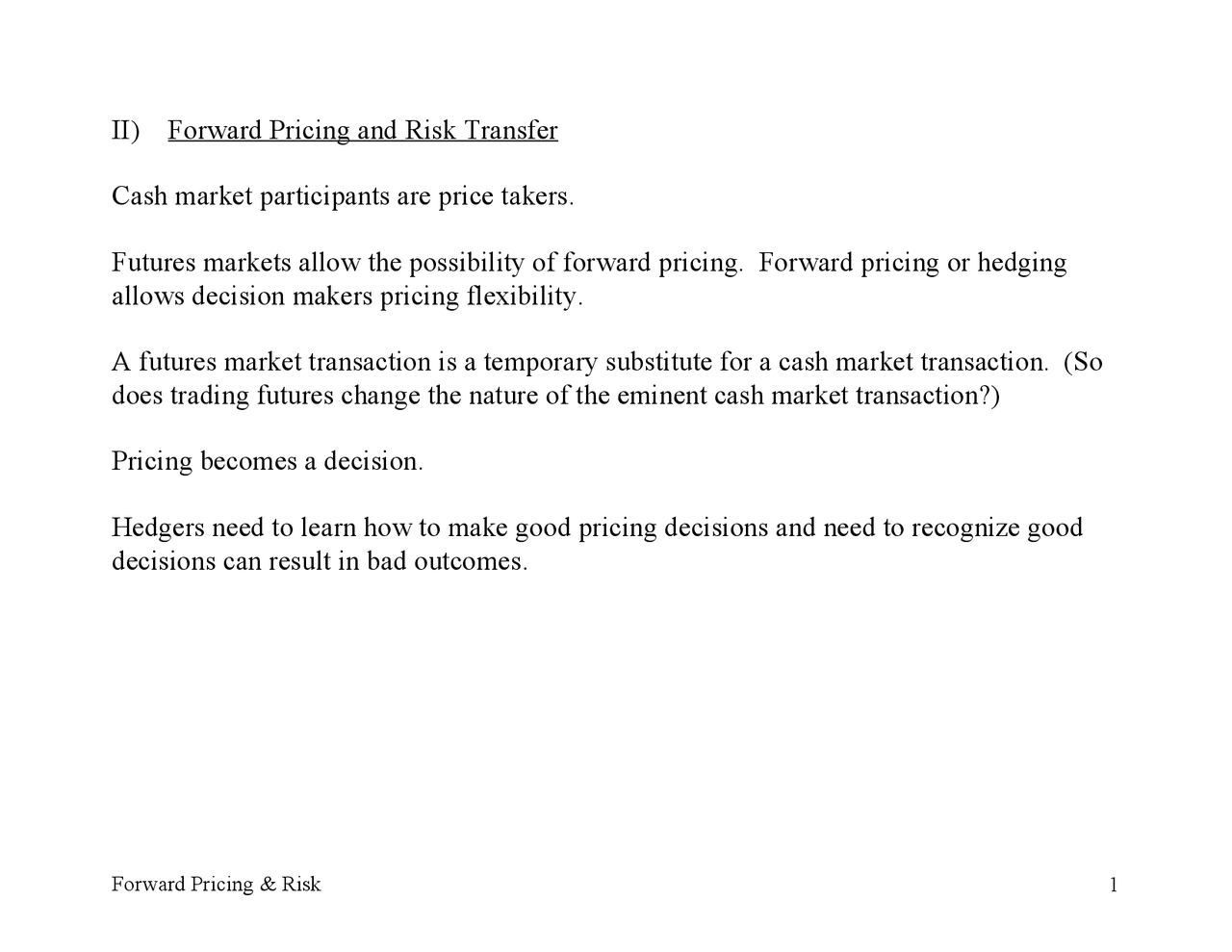Notes On Forward Pricing And Risk Arec 412 Docsity
