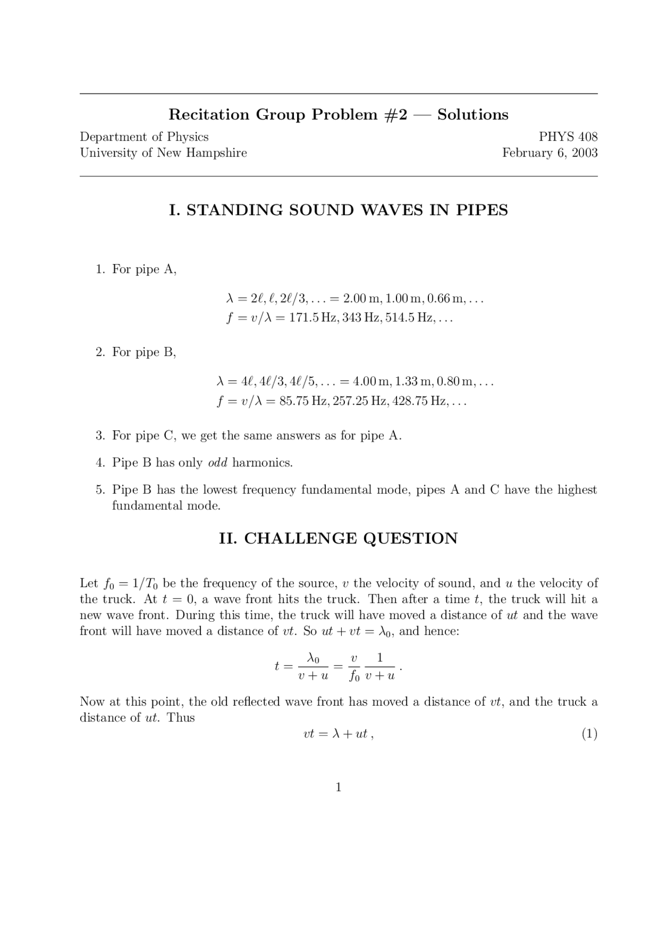 Standing Sound Waves In Pipes Problem Set 2 With Solutions Phys 408