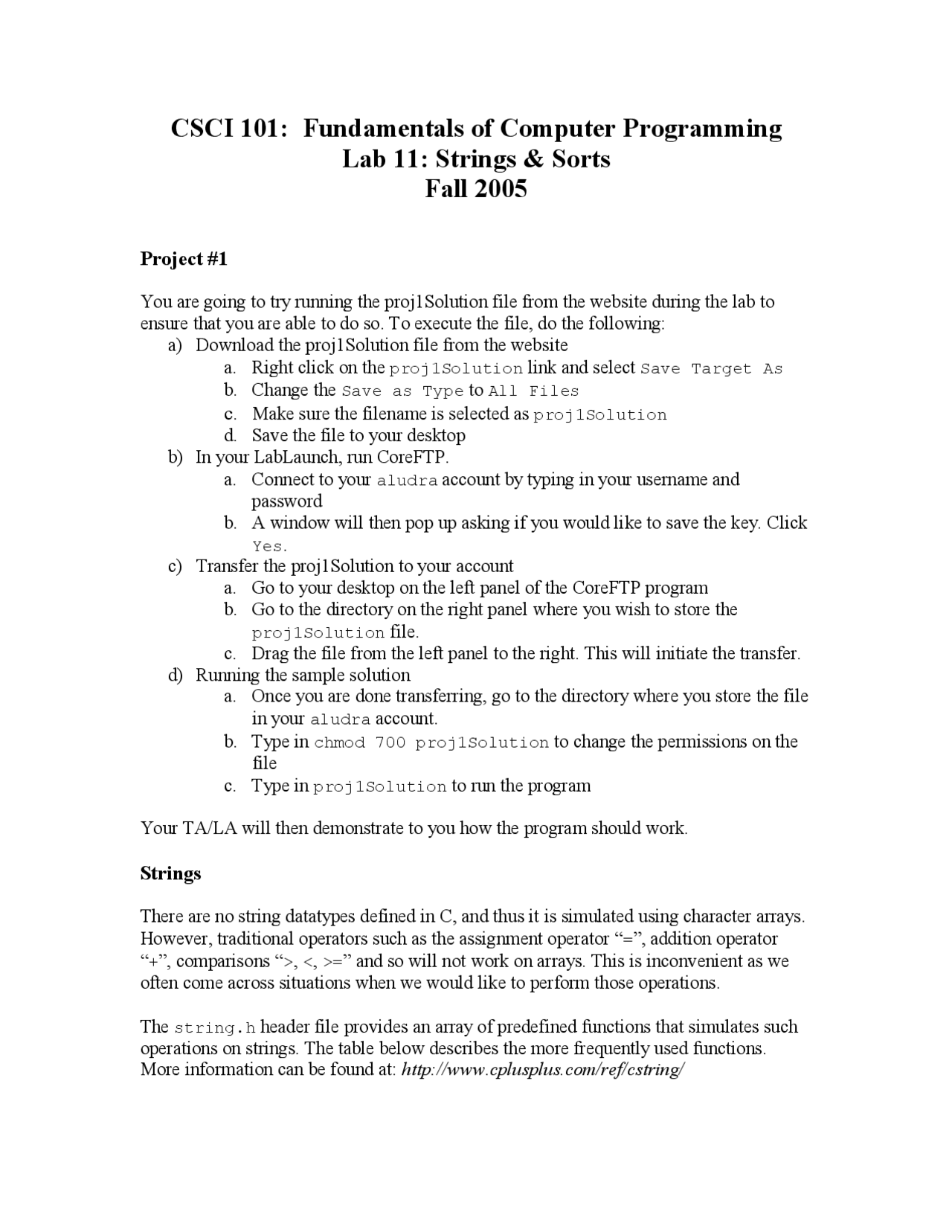 Strings And Sorts Fundamentals Of Computer Programming Csci 101l Docsity