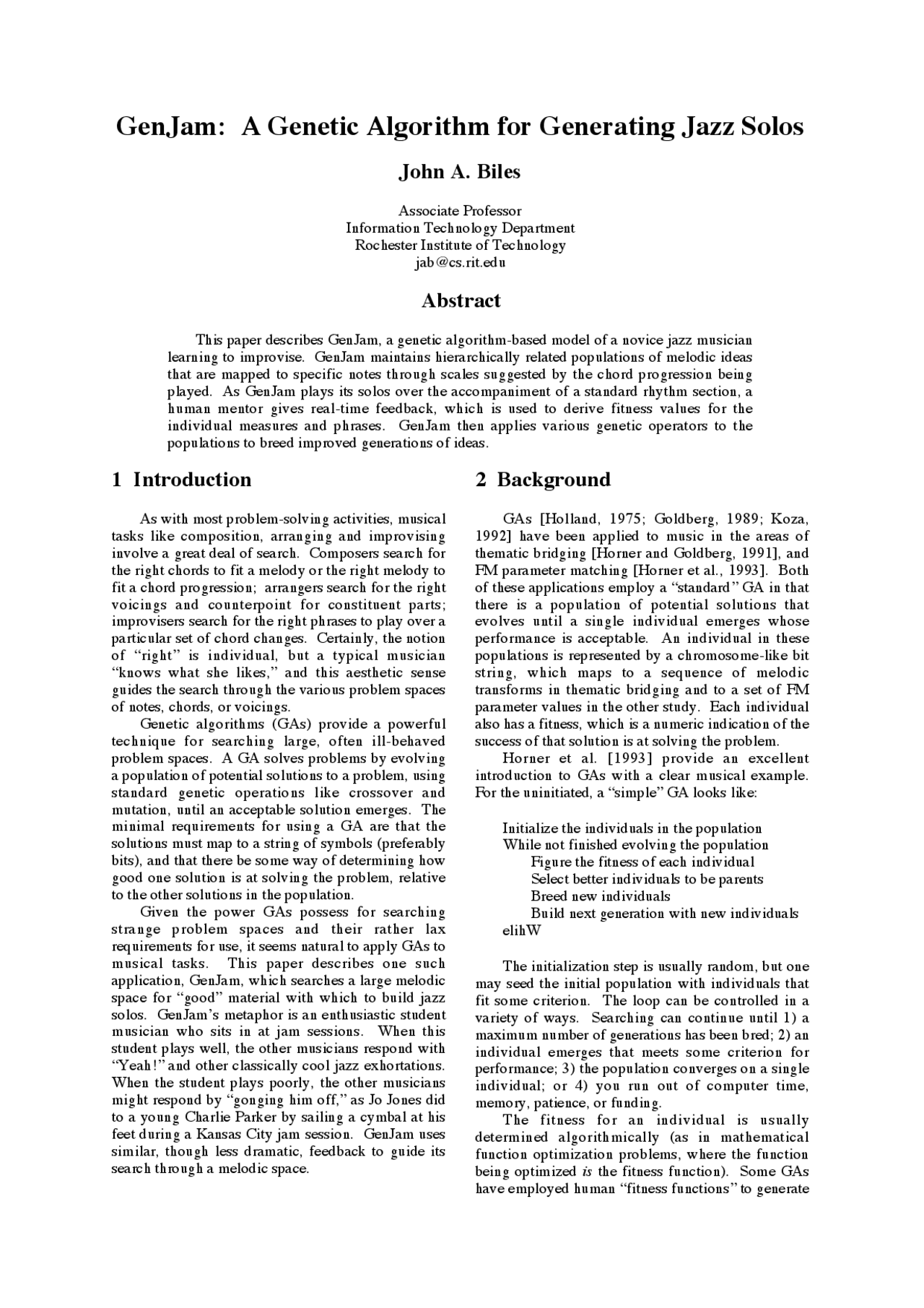 A Genetic Algorithm for Generating Jazz Solos | CS 640 - Docsity