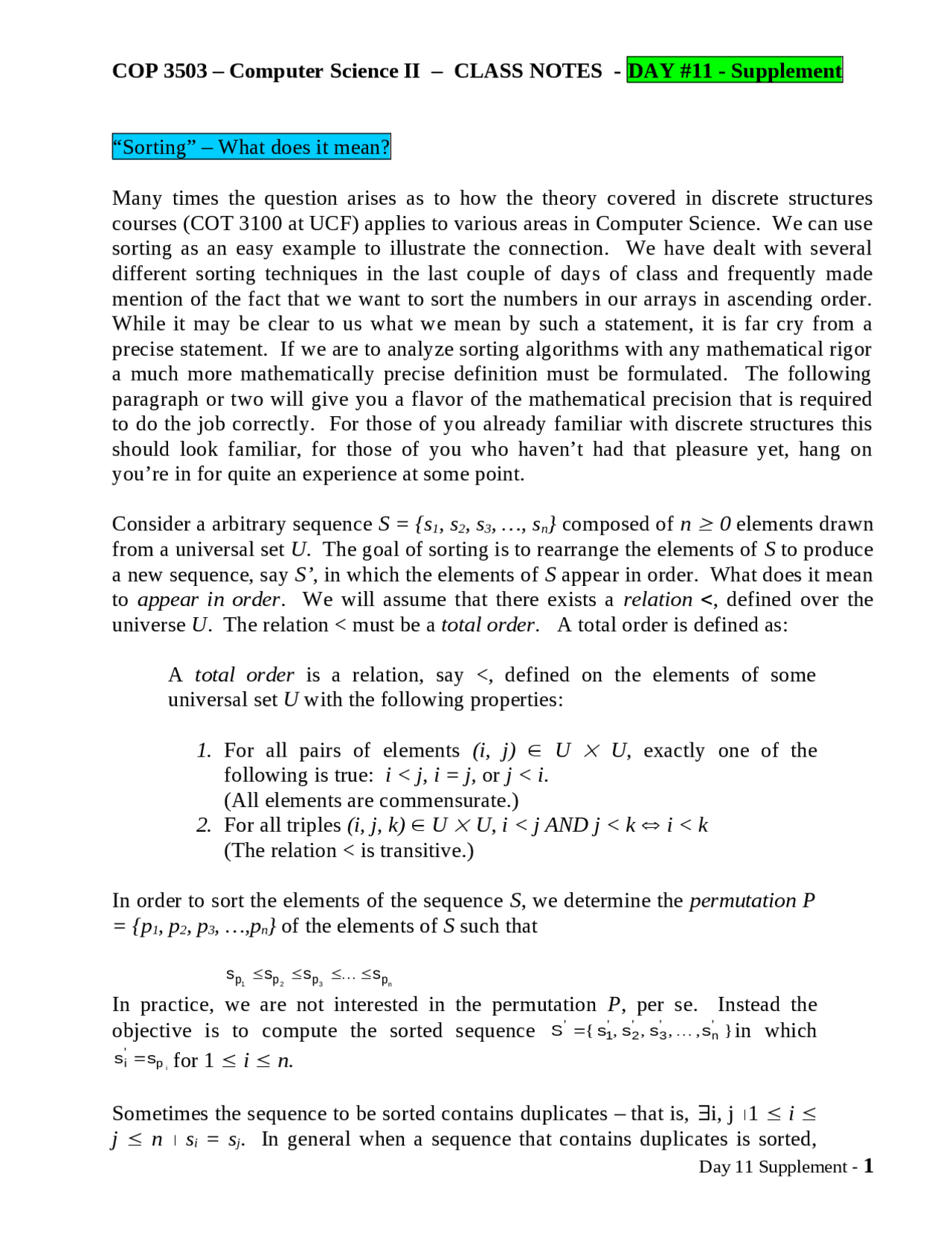 Lecture Notes On Sorting What Does It Mean Computer Science Ii Cop 3503 Docsity