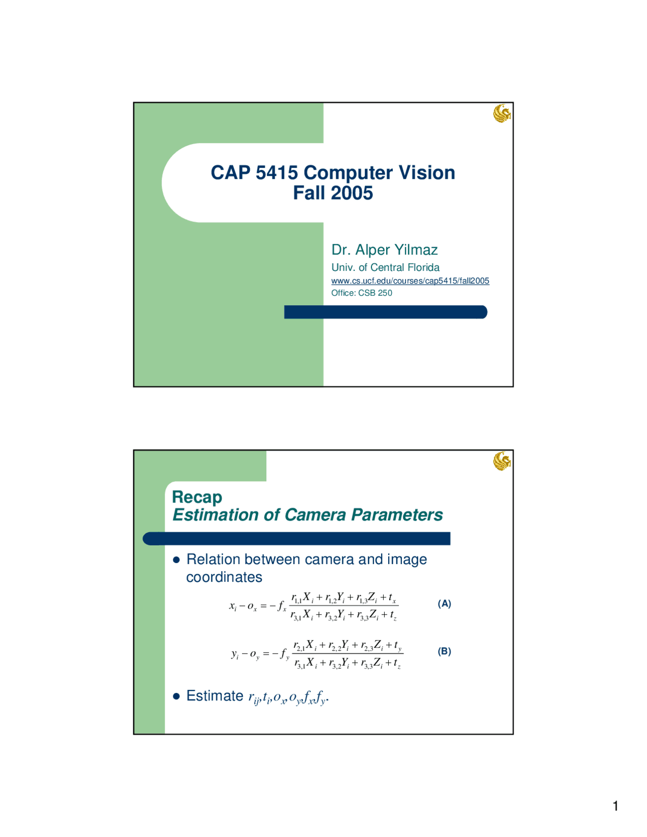 Estimation Of Camera Parameters Computer Vision Lecture Slides Cap 5415 Docsity