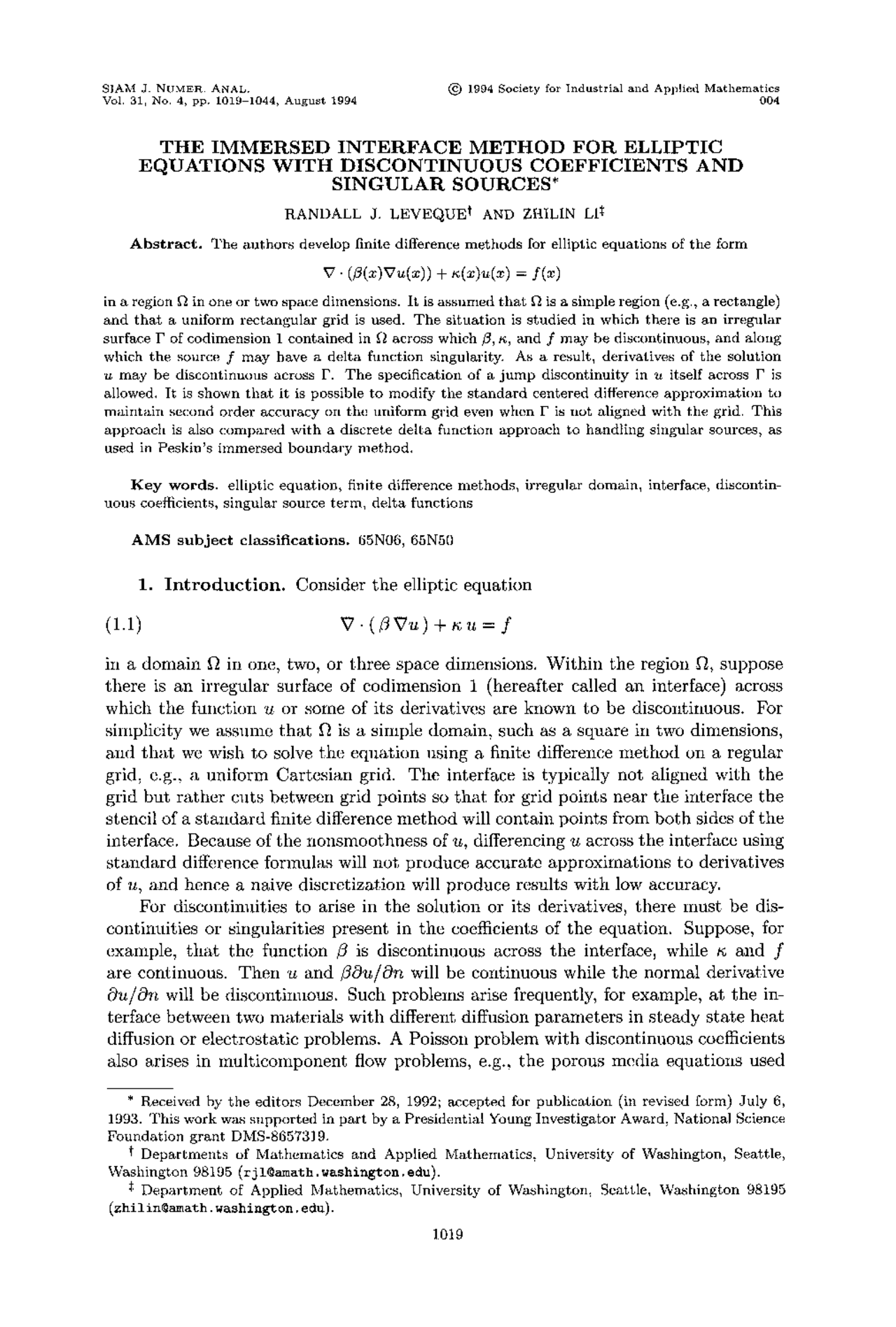 The Immersed Interface Method For Elliptic Equations With Discontinuous