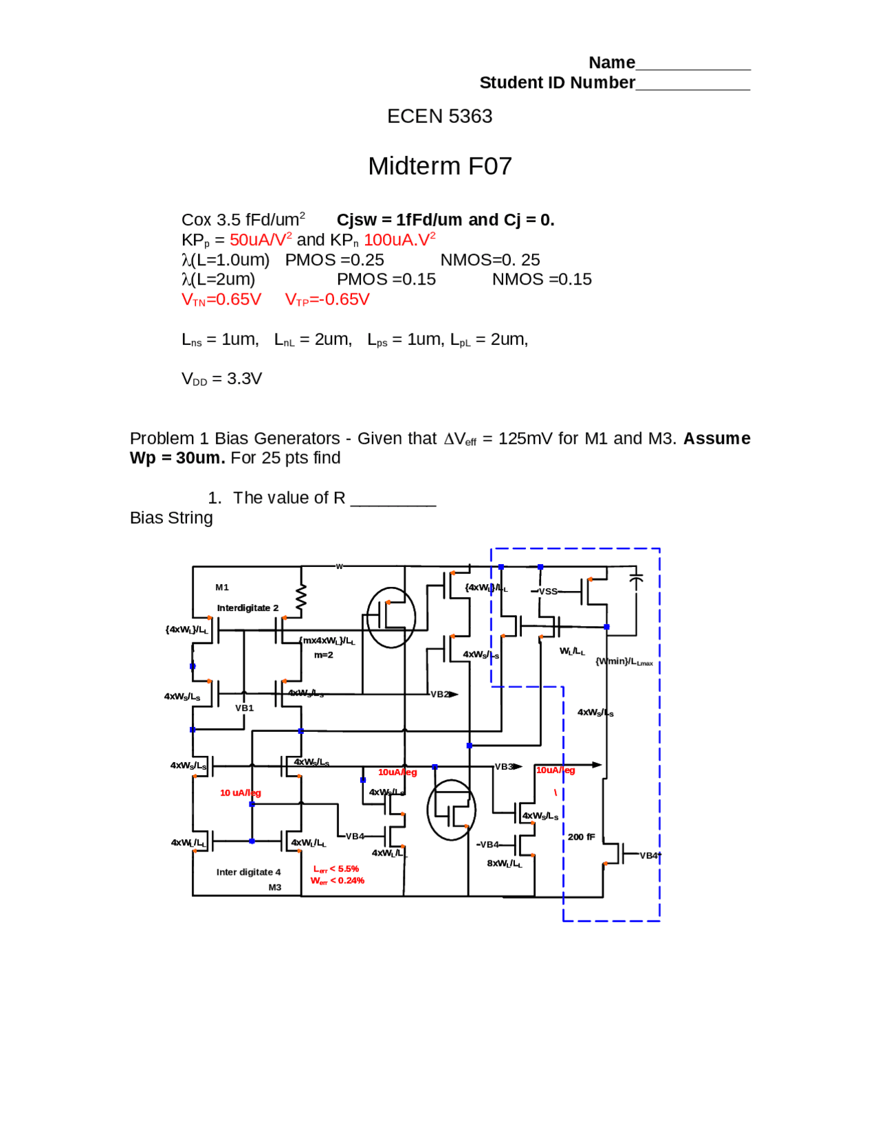 Midterm Exam For Cmos Analog Integrated Circuit Design Ecen 5363 Docsity