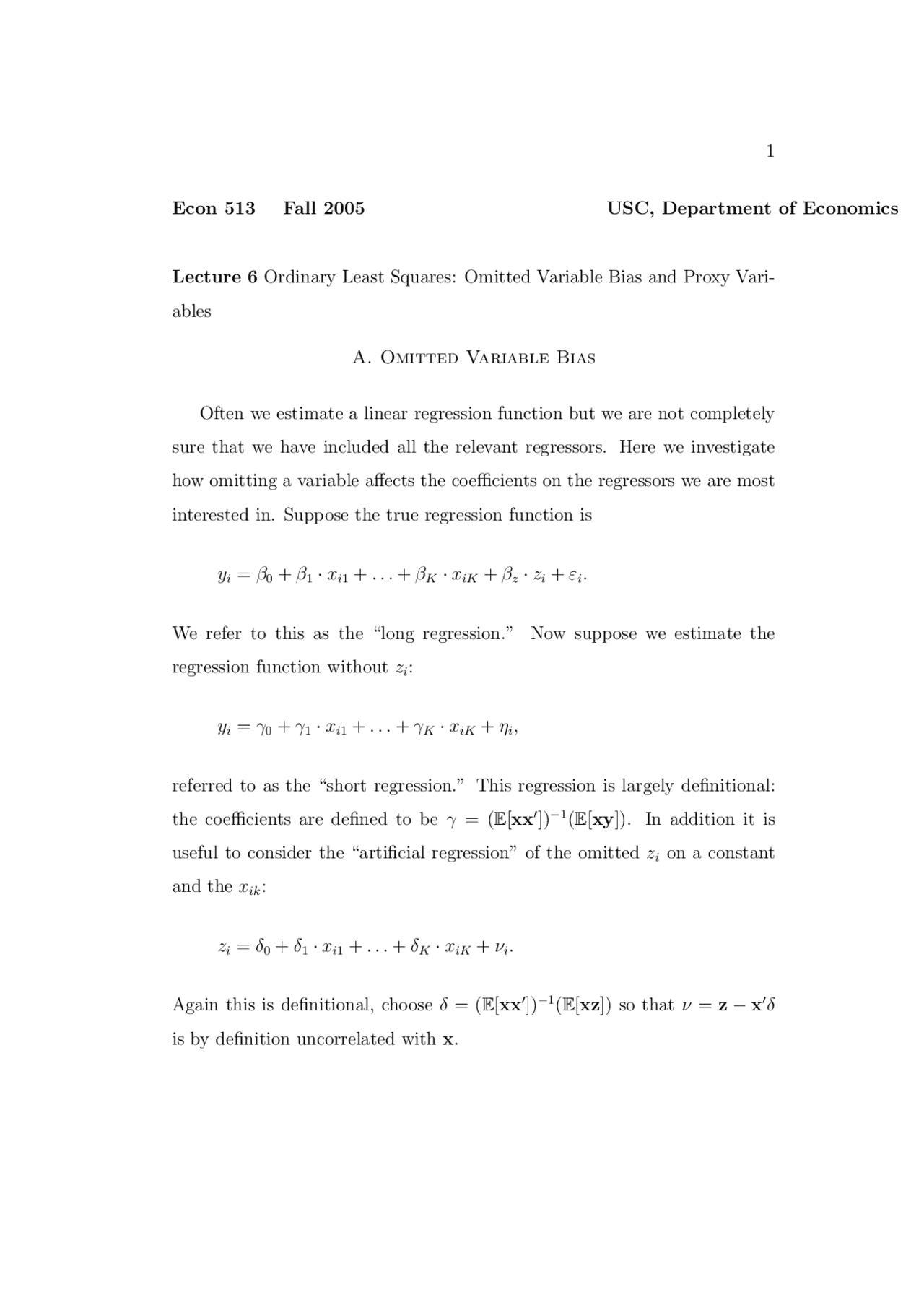 Ordinary Least Squares: Omitted Variables Bias and Proxy variables | ECON 513 - Docsity