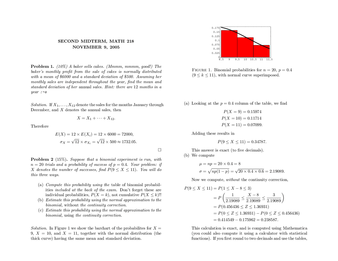 Solved Problems on Binomial Probability - Midterm Exam 2 | MATH 218 - Docsity