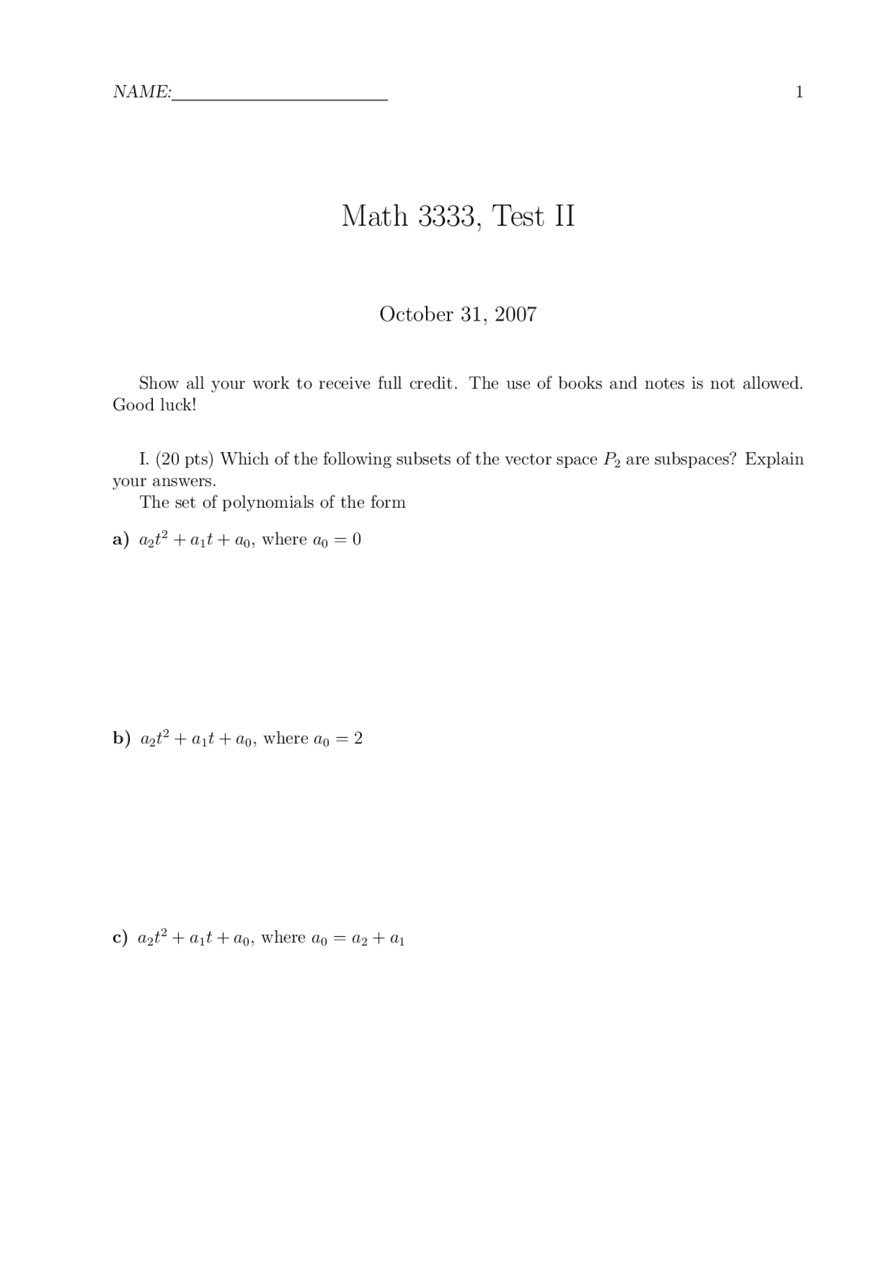 5 Questions In Linear Algebra I Test Ii Math 3333 Docsity