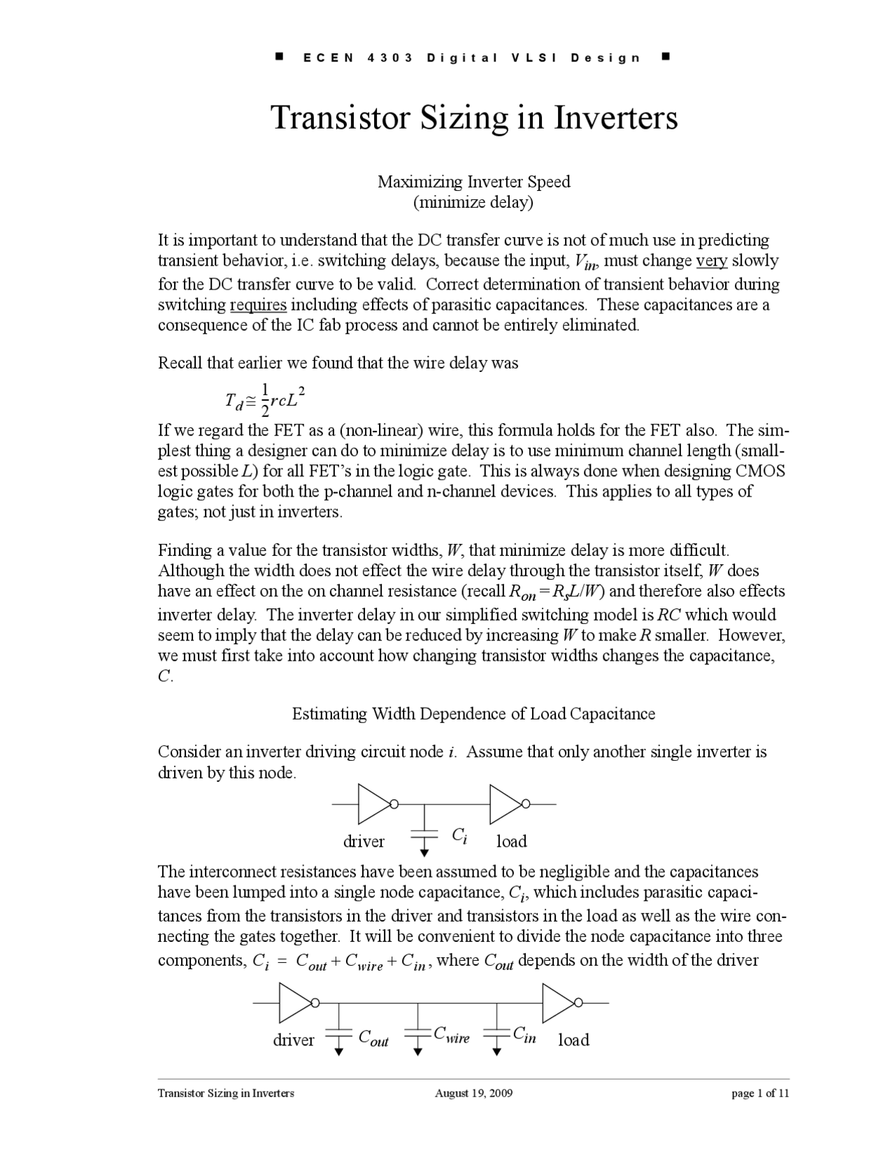 Transistor Sizing In Inverters Lecture Handout Ecen 4303 Docsity