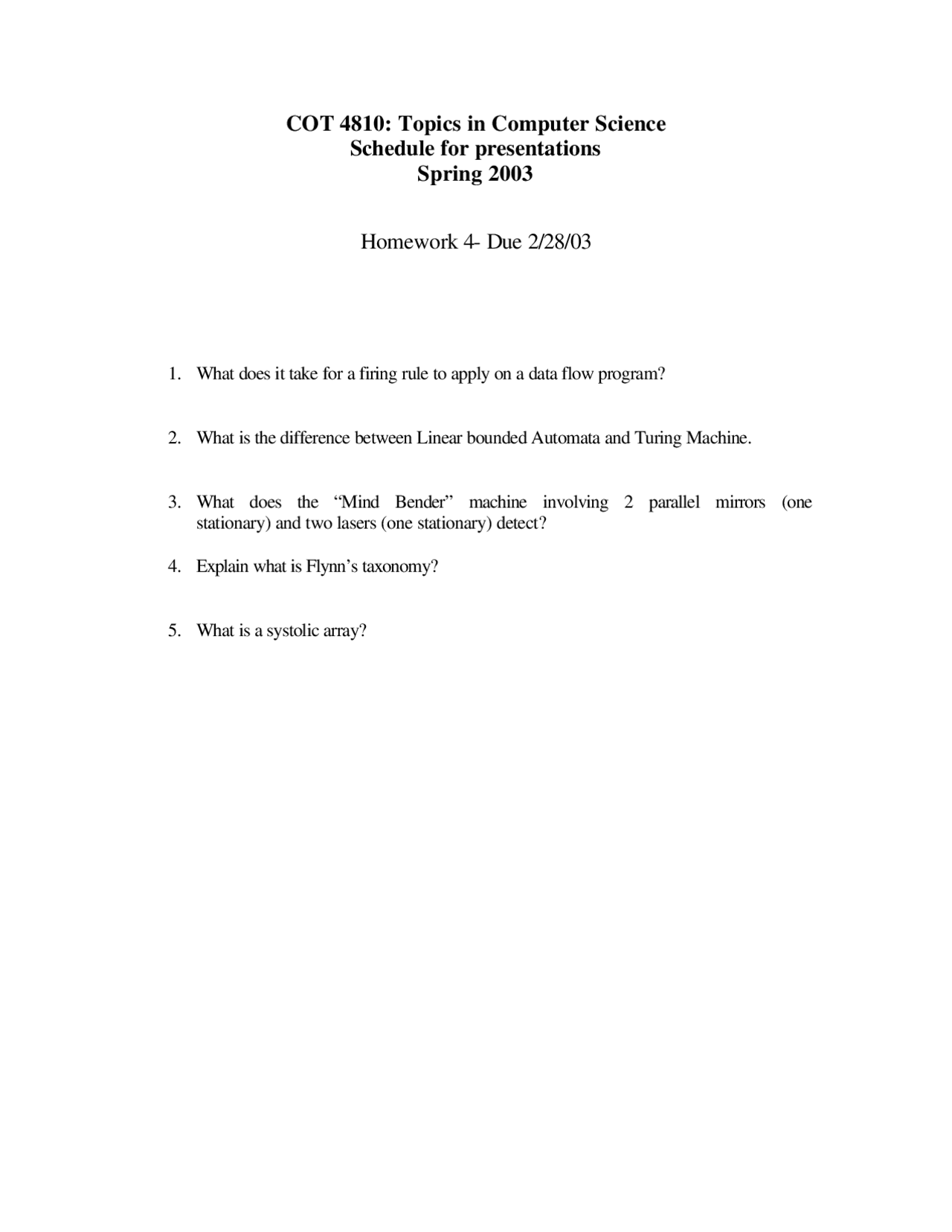 Topics In Computer Science Schedule For Presentations Cot 4810