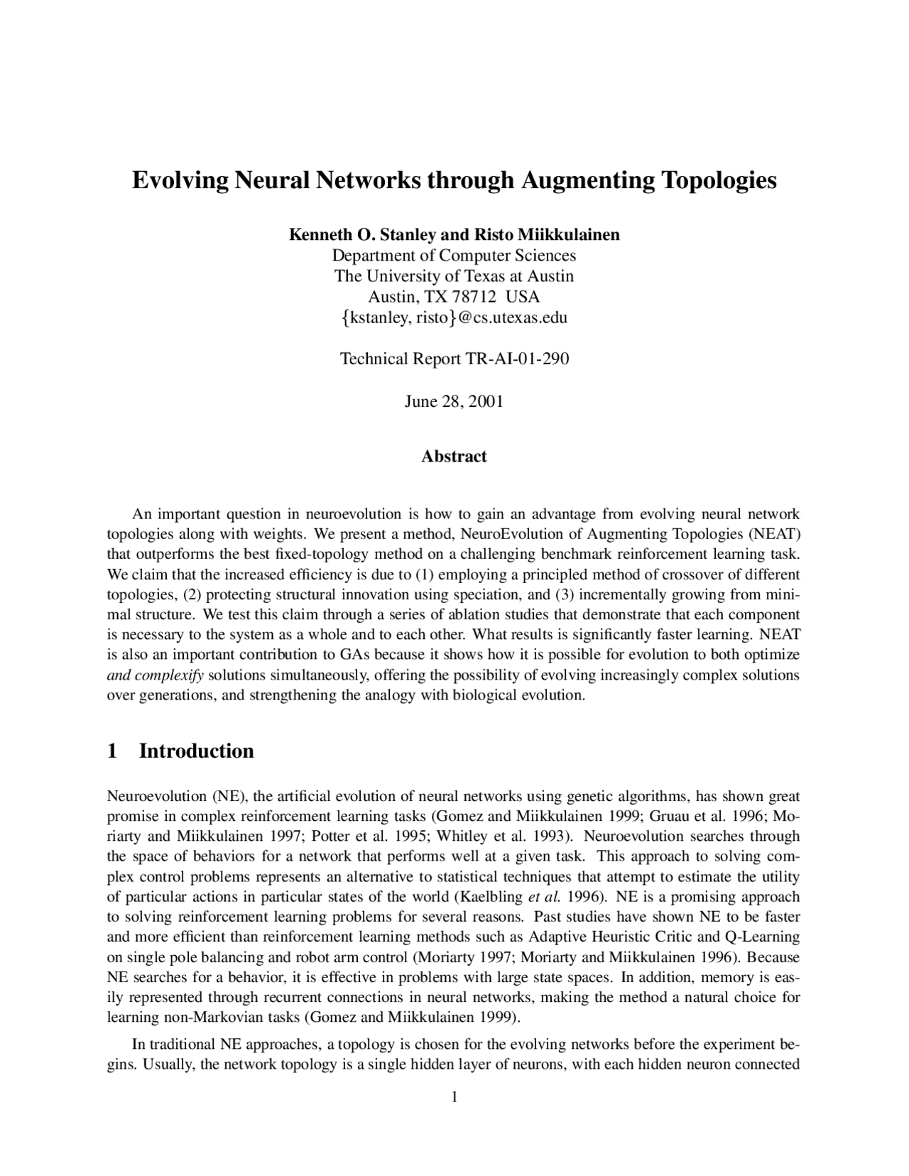 Evolving Neural Networks Through Augmenting Topologies Cs 640 Docsity