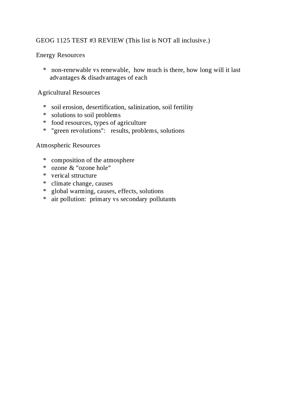Review Test 3 For Resources Society And The Environment Geog 1125