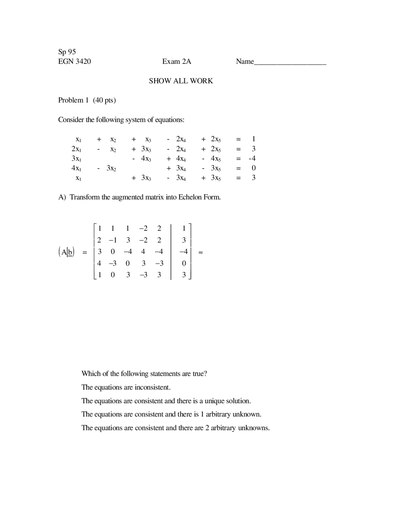 Practice Exam 2a Engineering Analysis Spring 1995 Egn 3420 Docsity