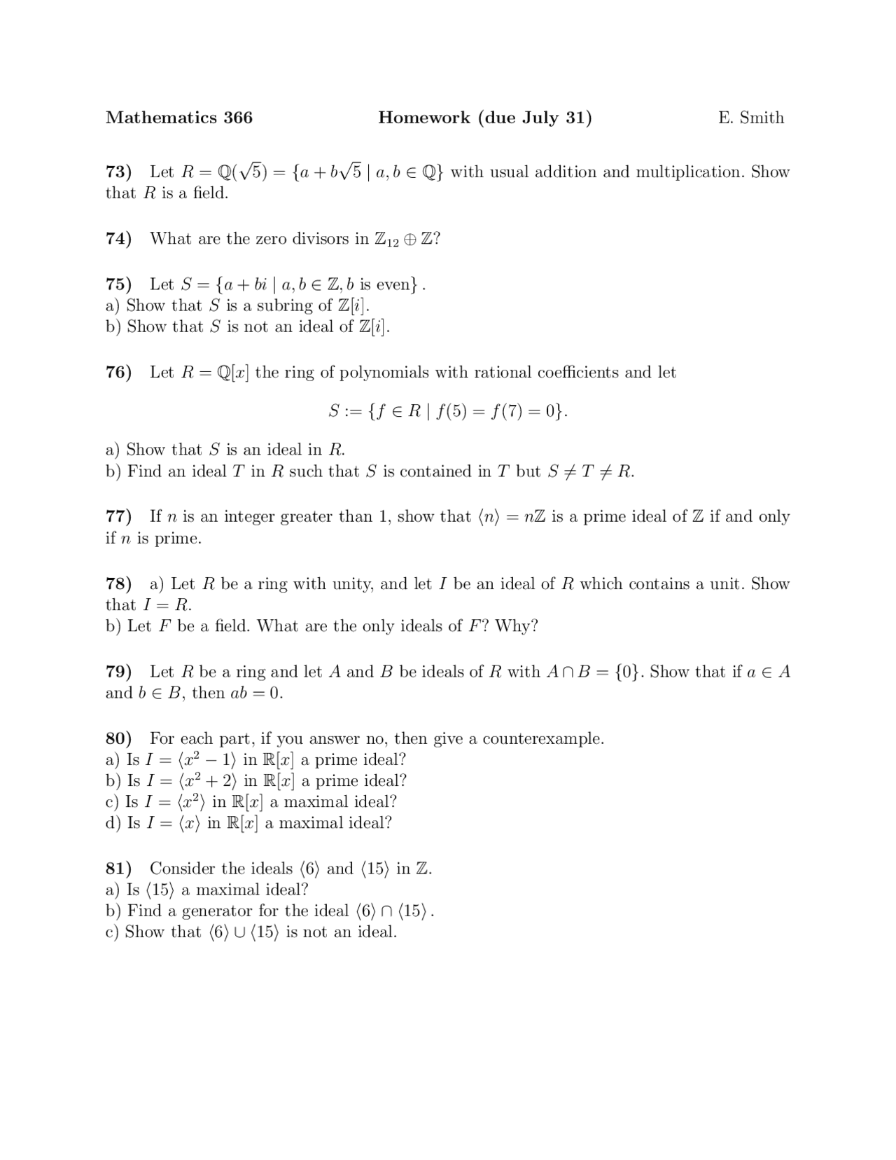 Assignment 7 Unsolved Questions Introduction To Abstract Algebra Math 366 Docsity