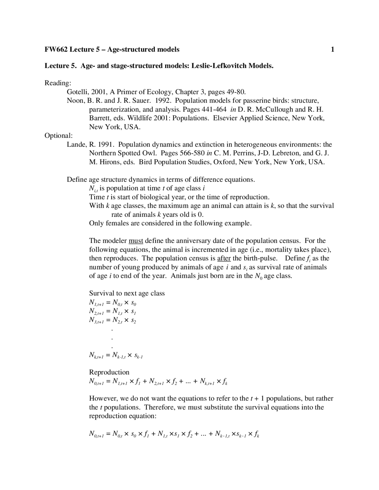 Notes On Age Structured Models Wildlife Population Dynamics Lab Fw 662 Docsity