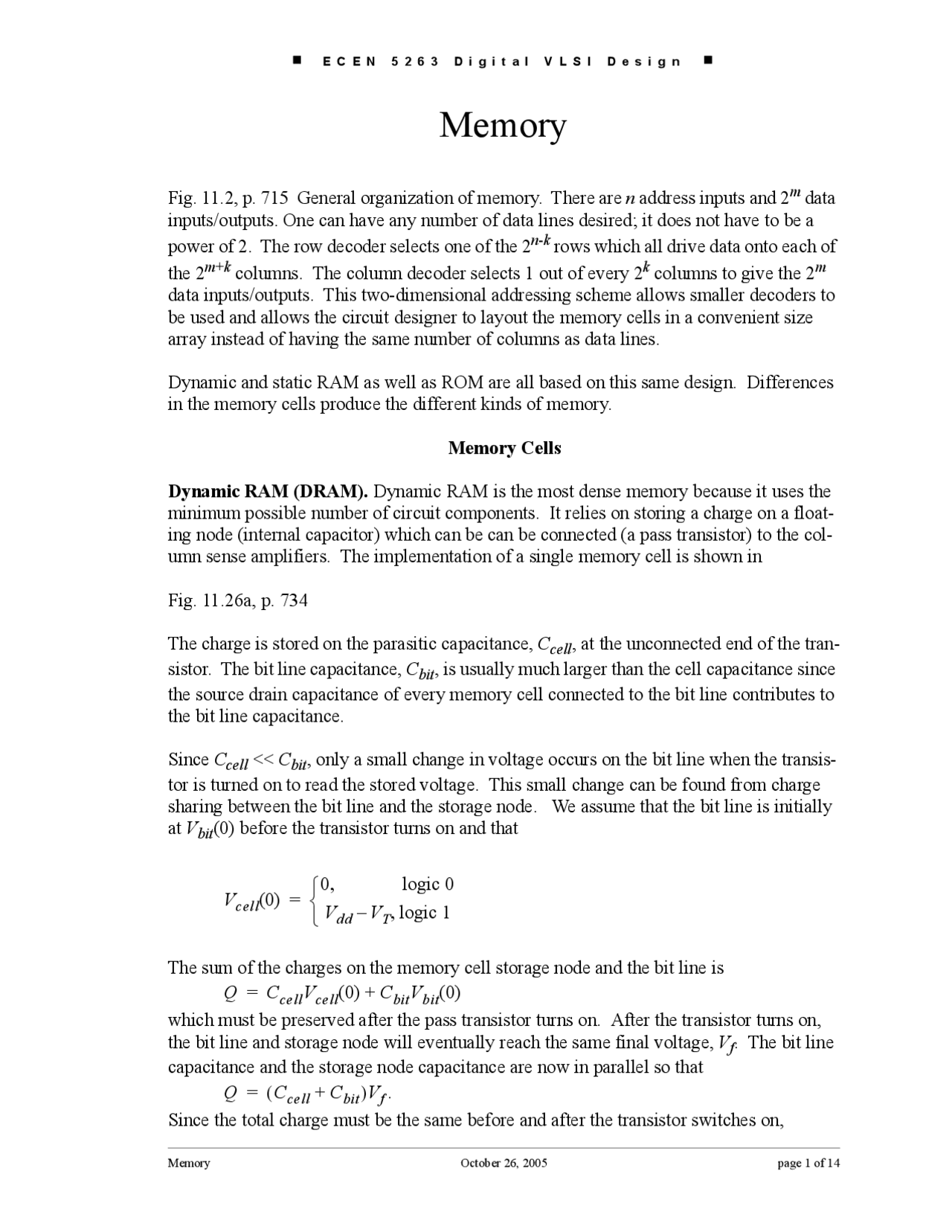 Memory Memory Cells Lecture Notes Ecen 5263 Docsity