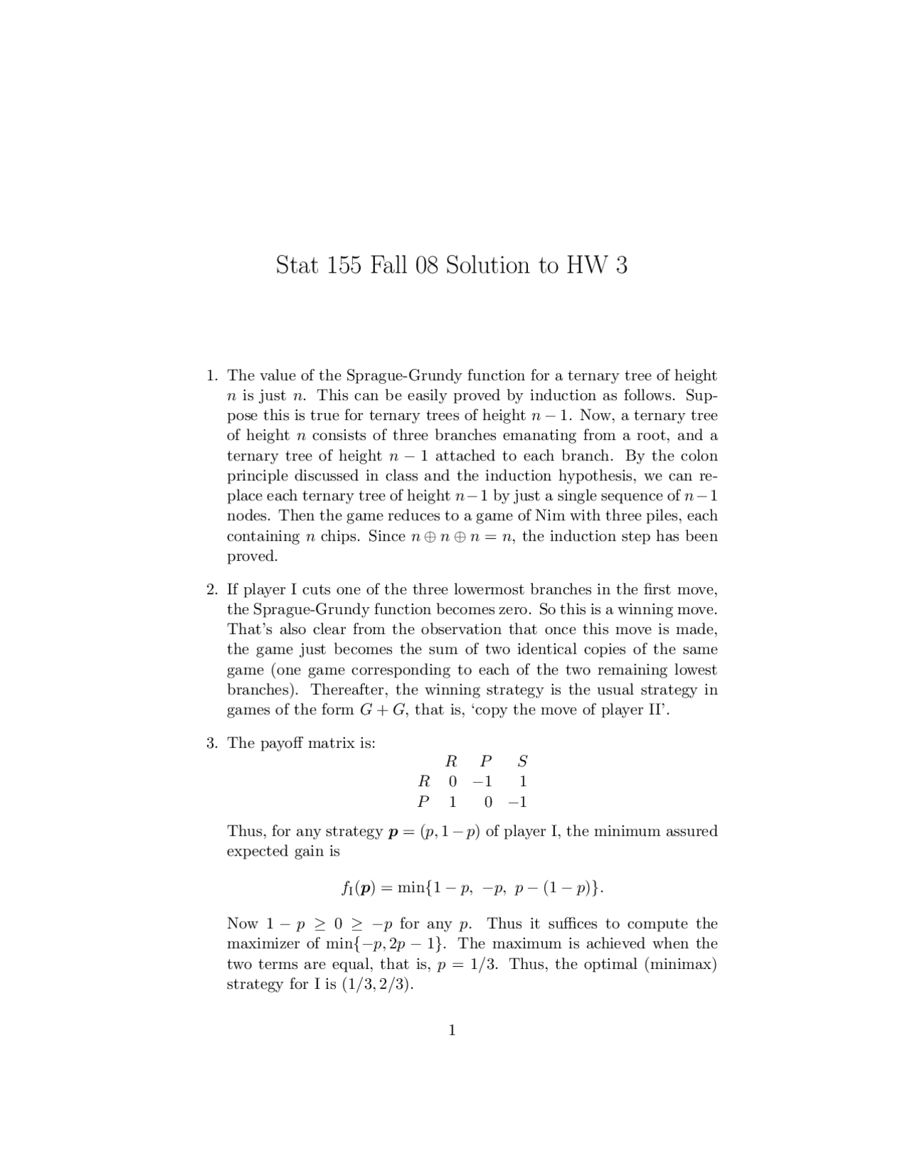 Solution To Homework 3 Game Theory Stat 155 Docsity