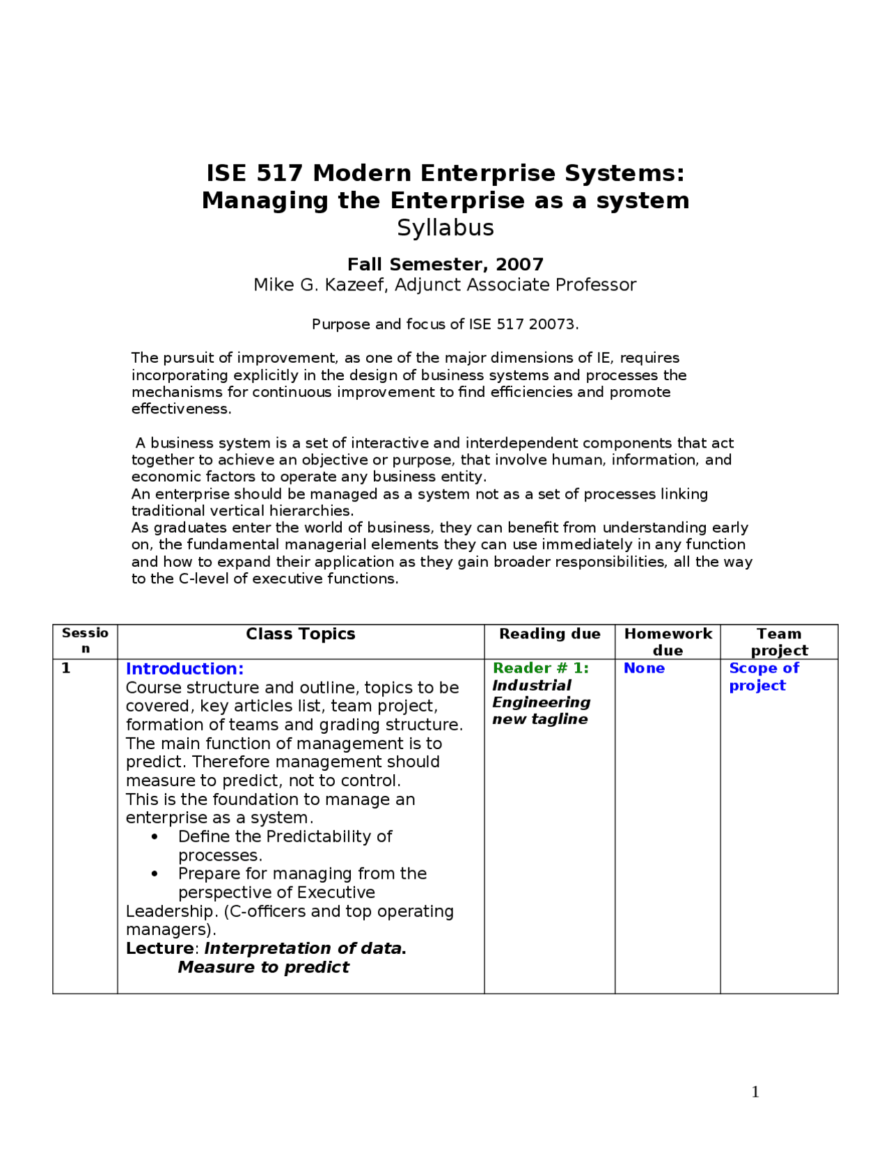 ISE 517 Modern Enterprise Systems: Managing the Enterprise - Fall 2007 ...