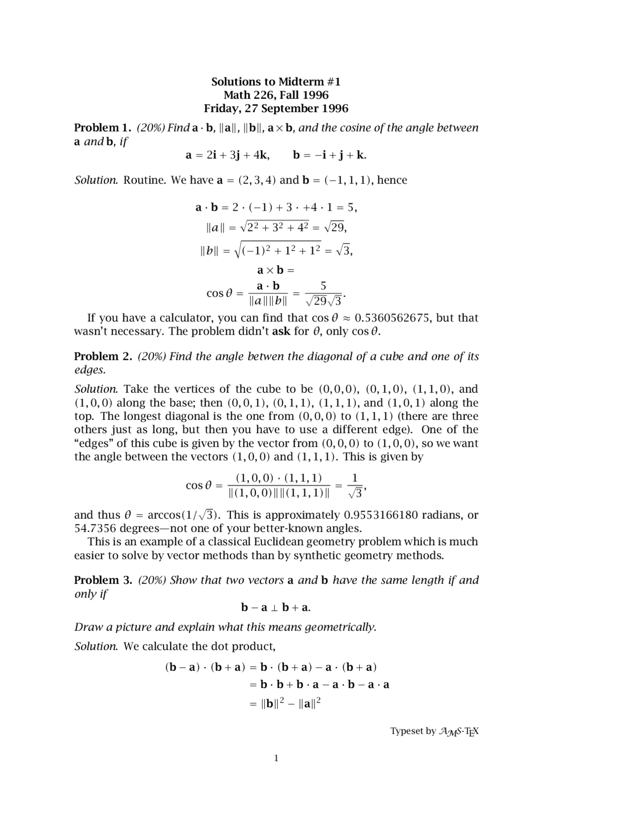 Calculus Iii Solutions To Midterm 1 Math 226 Docsity