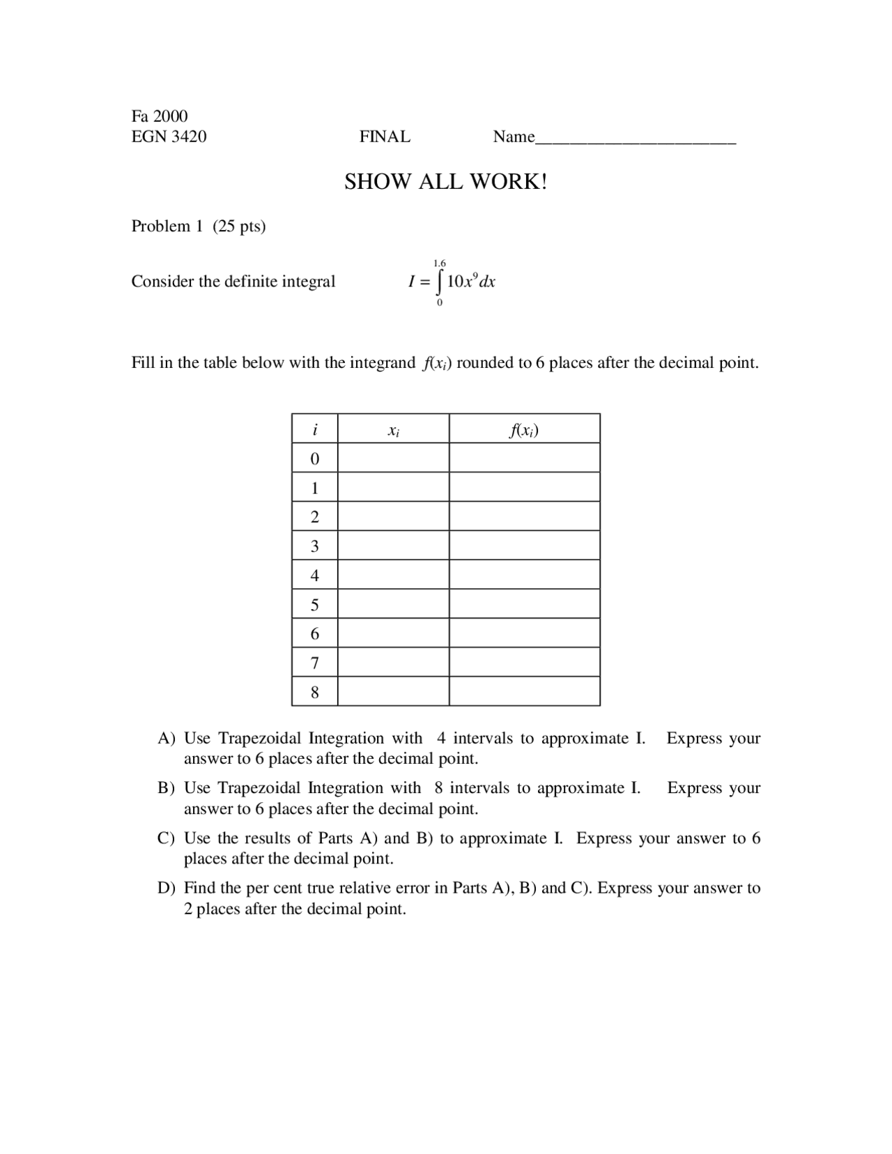 Practice Final Exam Engineering Analysis Egn 3420 Docsity