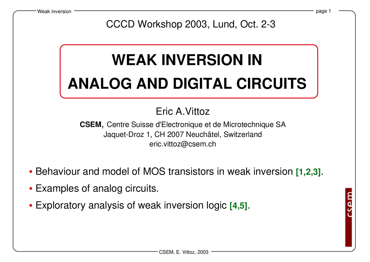 Weak Inversion In Analog And Digital Circuits Ecen 5363 Docsity