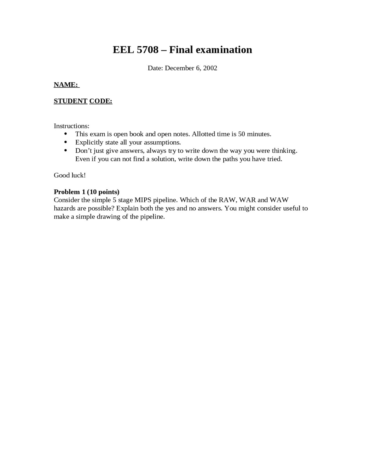 7 Problems On High Performance Computer Architecture Final Exam Eel