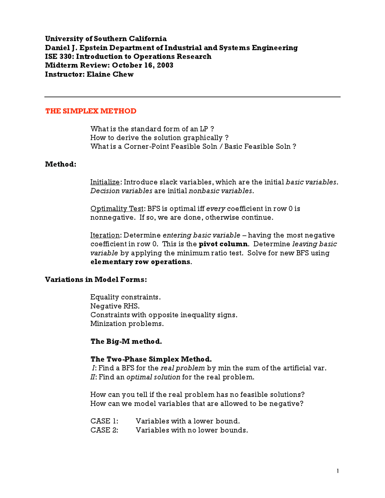 The Simplex Method In Operations Research Midterm Exam Ise 330