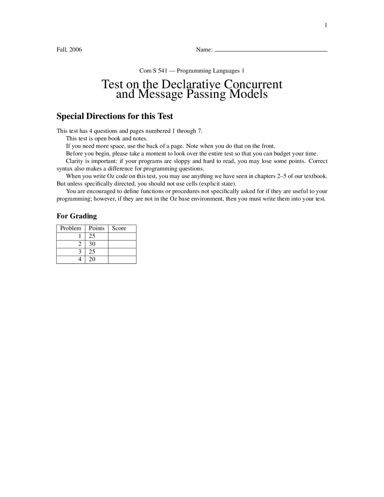 Test On The Declarative Concurrency And Message Passing Models Cop 4020 Docsity