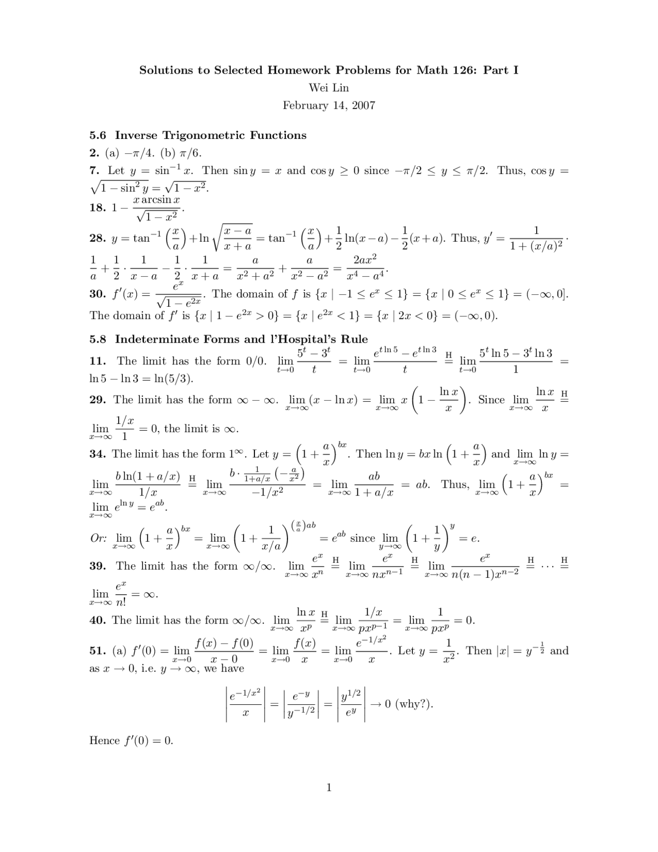 Solutions To Homework Problems Calculus Ii Math 126 Docsity