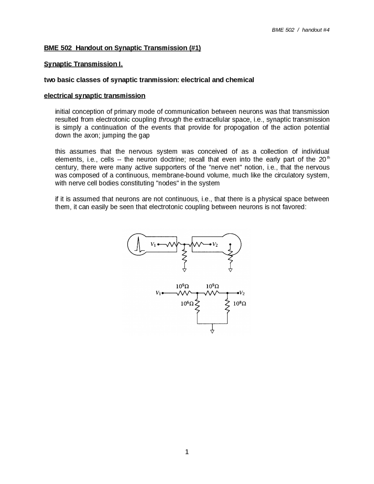 Electrical And Chemical Synaptic Transmission Handout Bme 502 Docsity