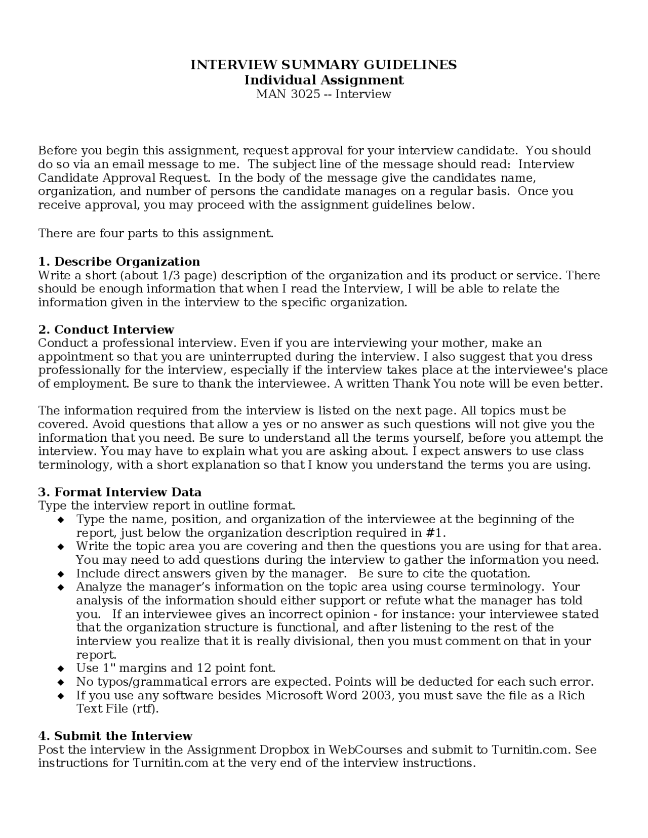 Interview Summary Guidelines - Individual Assignment | MAN 3025 - Docsity
