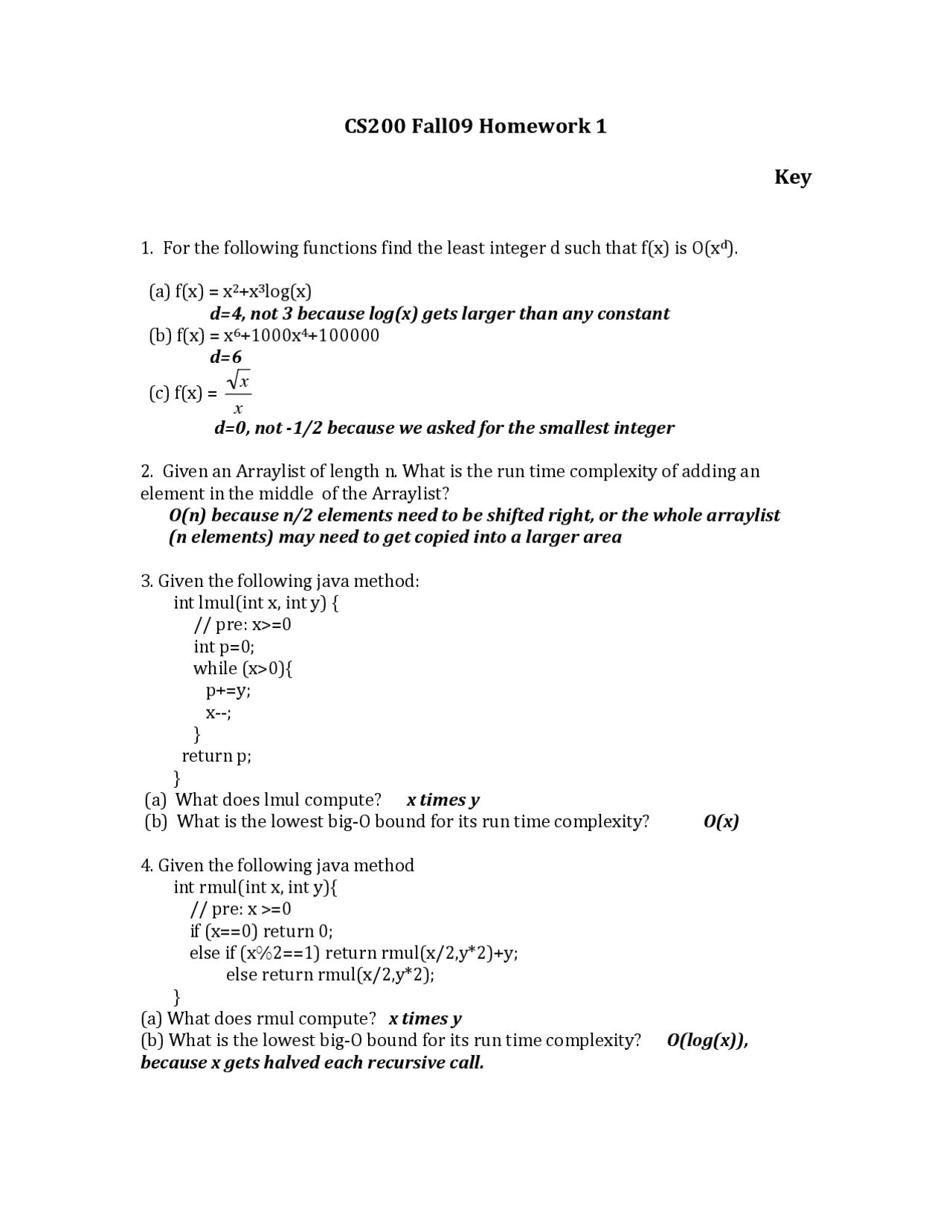 Homework 1 Answer Key Algorithms And Data Structures Cs 200 Docsity