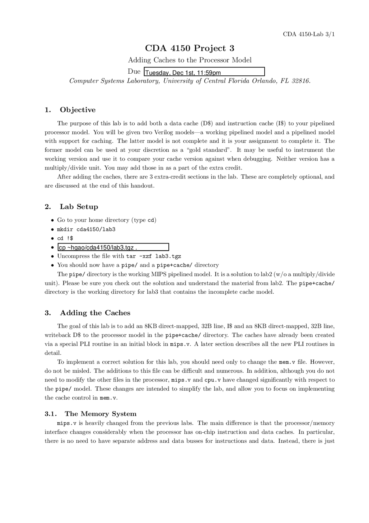 Project 3: Computer Architecture - Laboratory 3 | CDA 4150 - Docsity