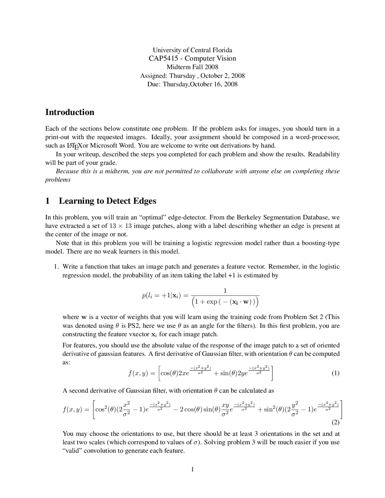 Midterm Exam Review Sheet Computer Vision Cap 5415 Docsity