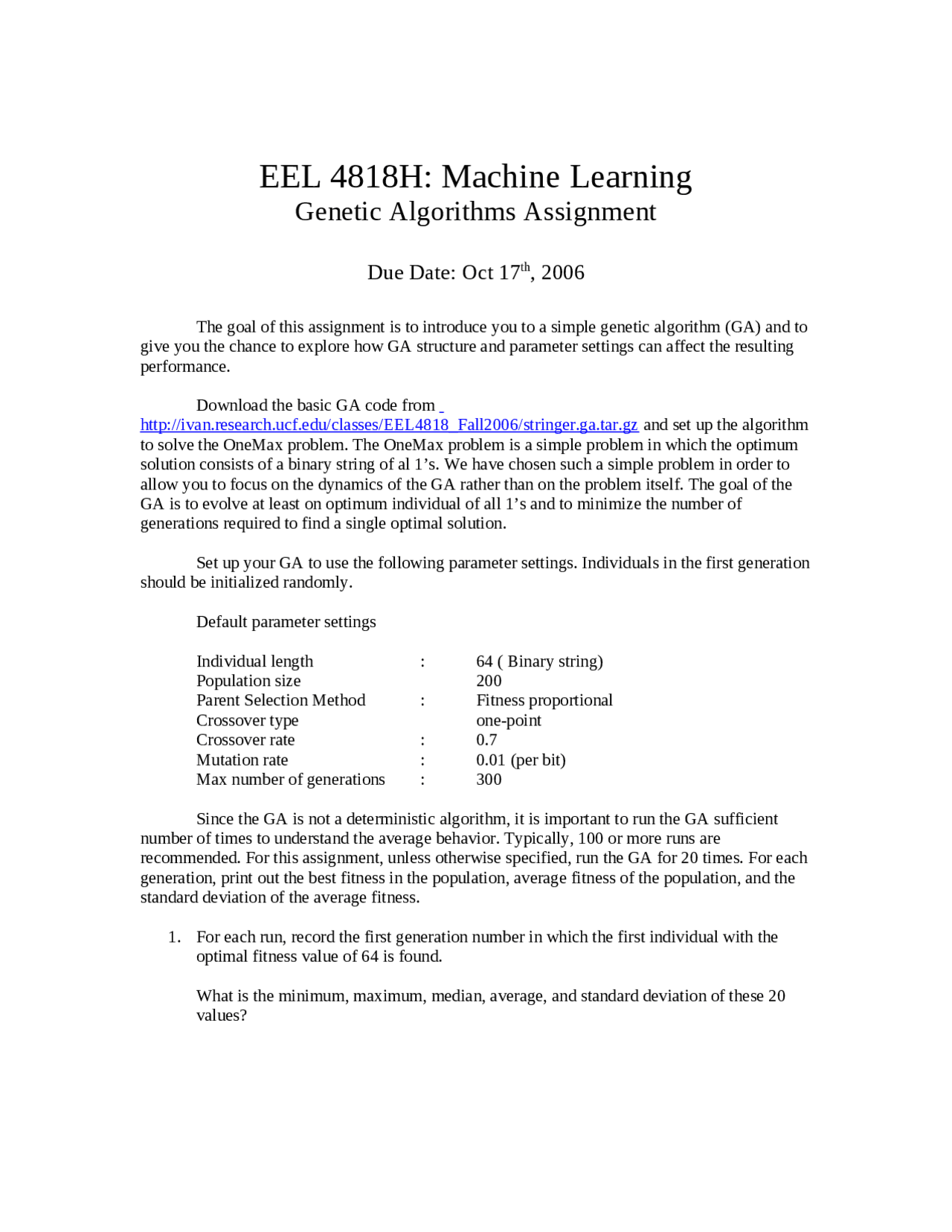 Genetic Algorithms Assignment Machine Learning Eel 4818 Docsity