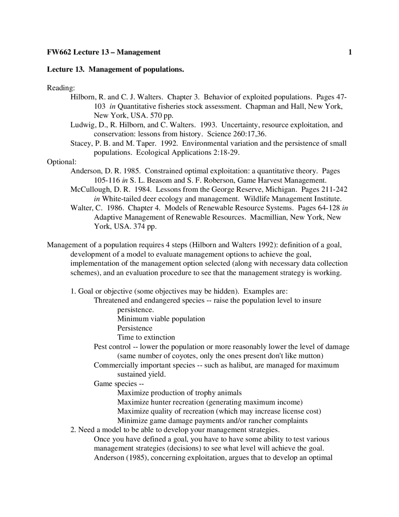 Management of Population - Lecture Notes | FW 662 - Docsity