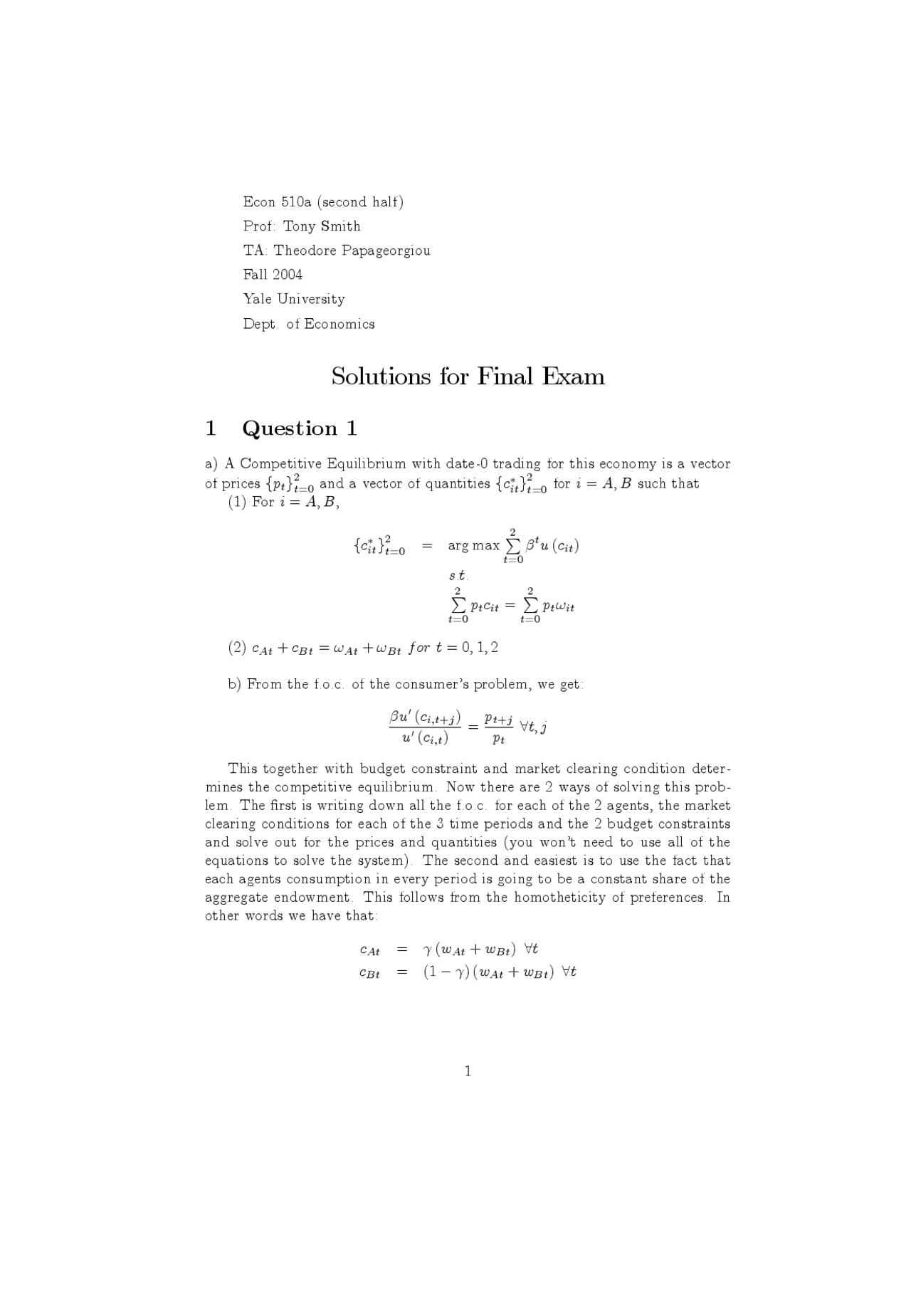Solutions For Final Exam General Economics Theory Macroeconomics