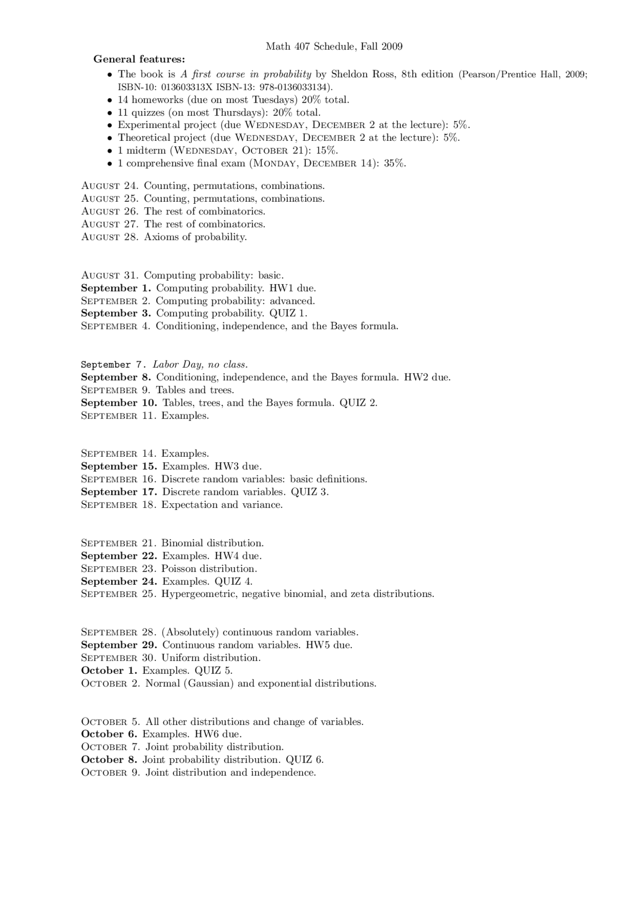 Syllabus Schedule for Probability Theory | MATH 407 - Docsity