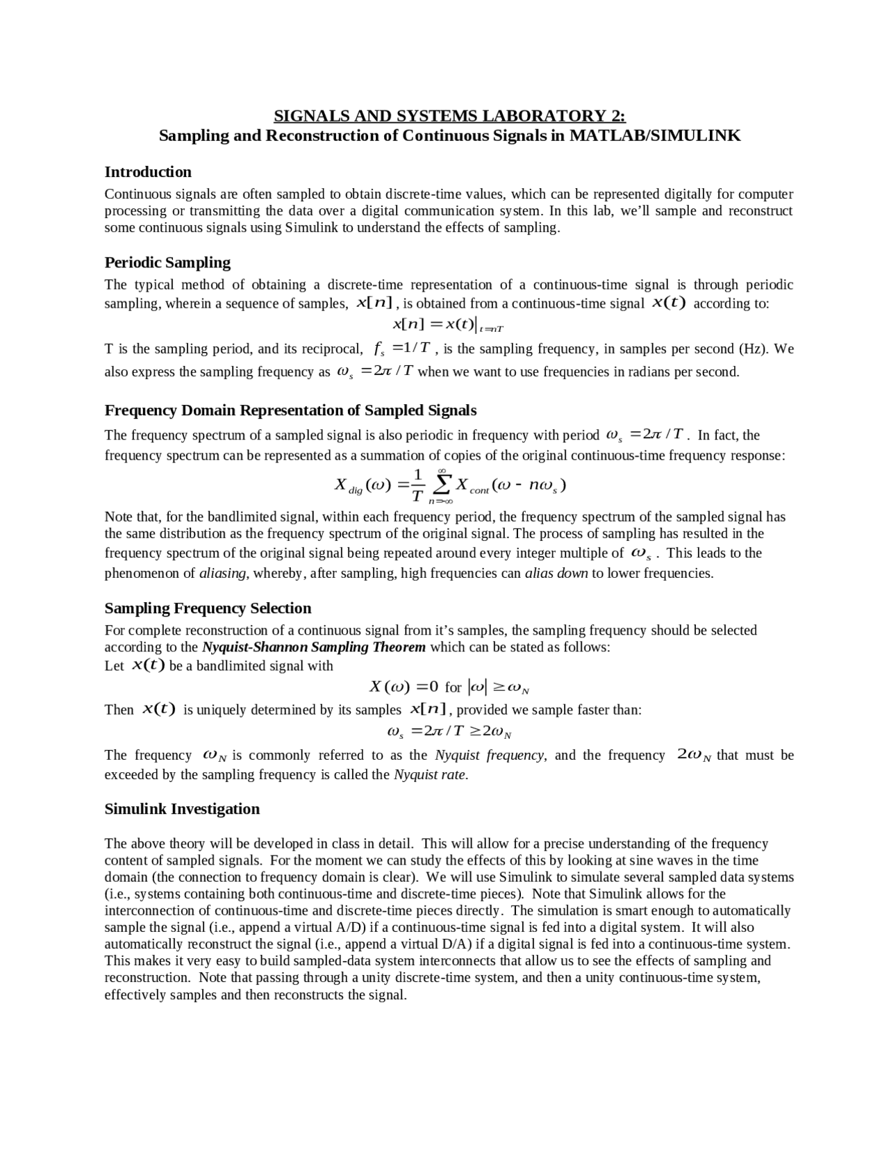 Signals And Systems Lab 2 Sampling And Reconstruction Of Continuous Signals In Matlabsimulink