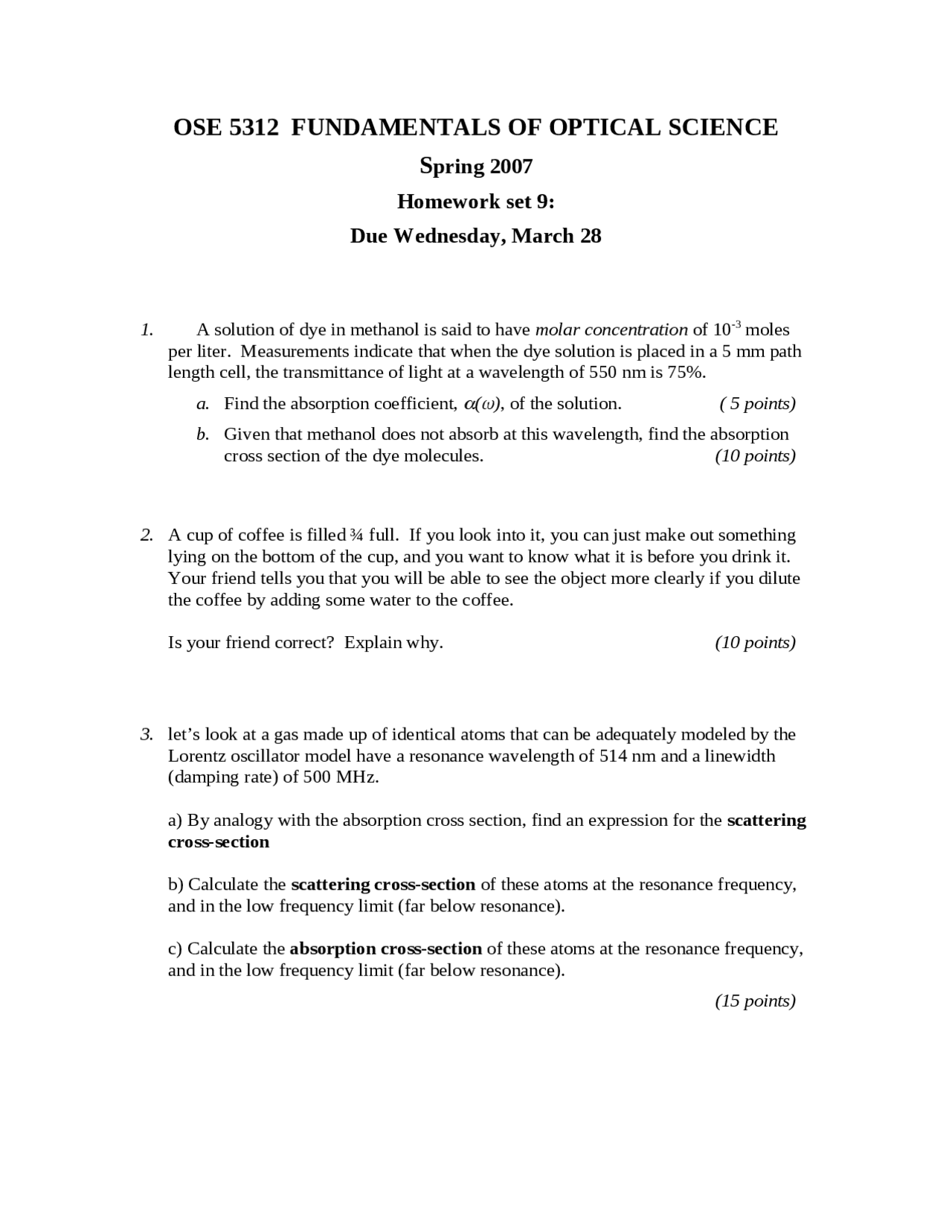 Fundamentals Of Optical Science Problem Set 9 Ose 5312 Docsity