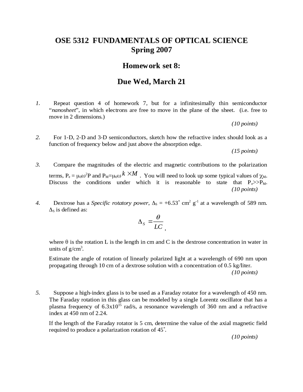 Homework Set 8 For Fundamentals Of Optical Science Ose 5312 Docsity