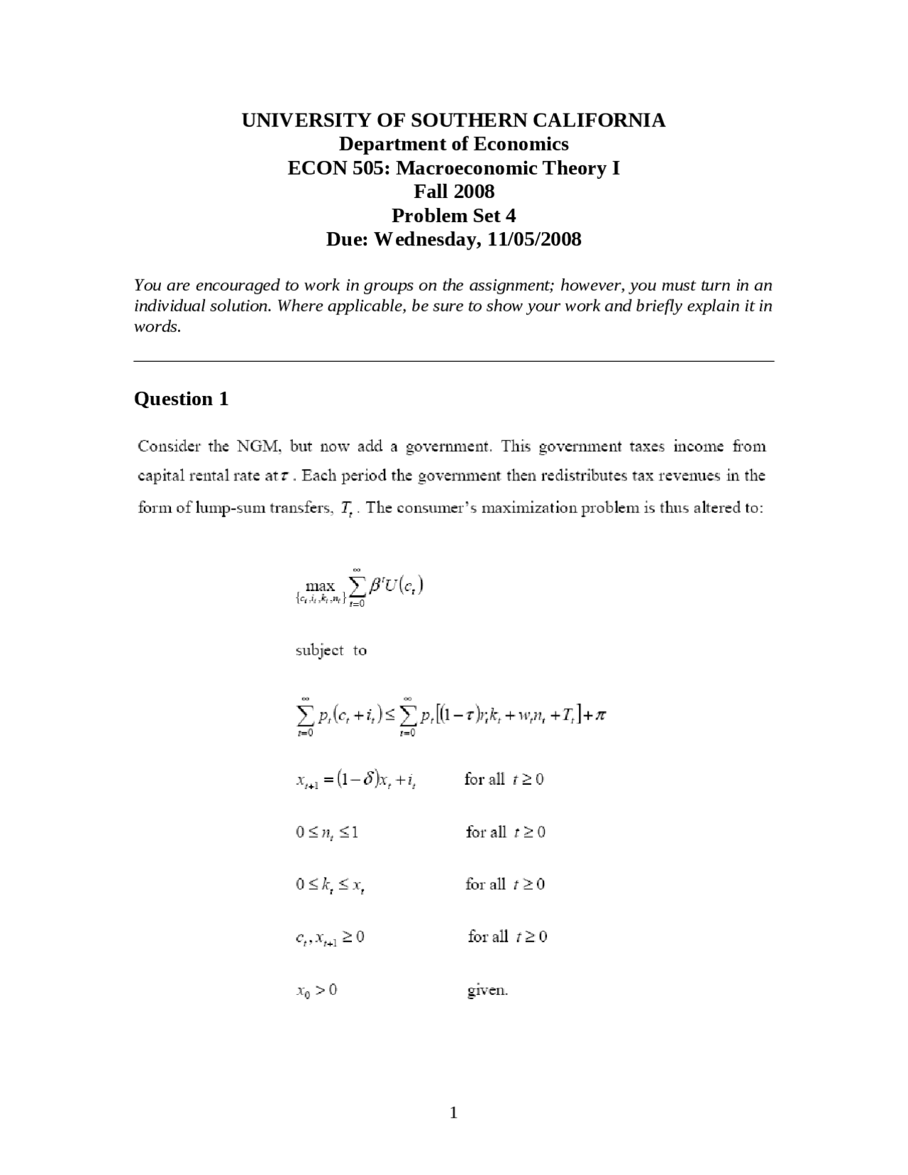 Macroeconomic Theory I Problem Set 4 Econ 505 Docsity