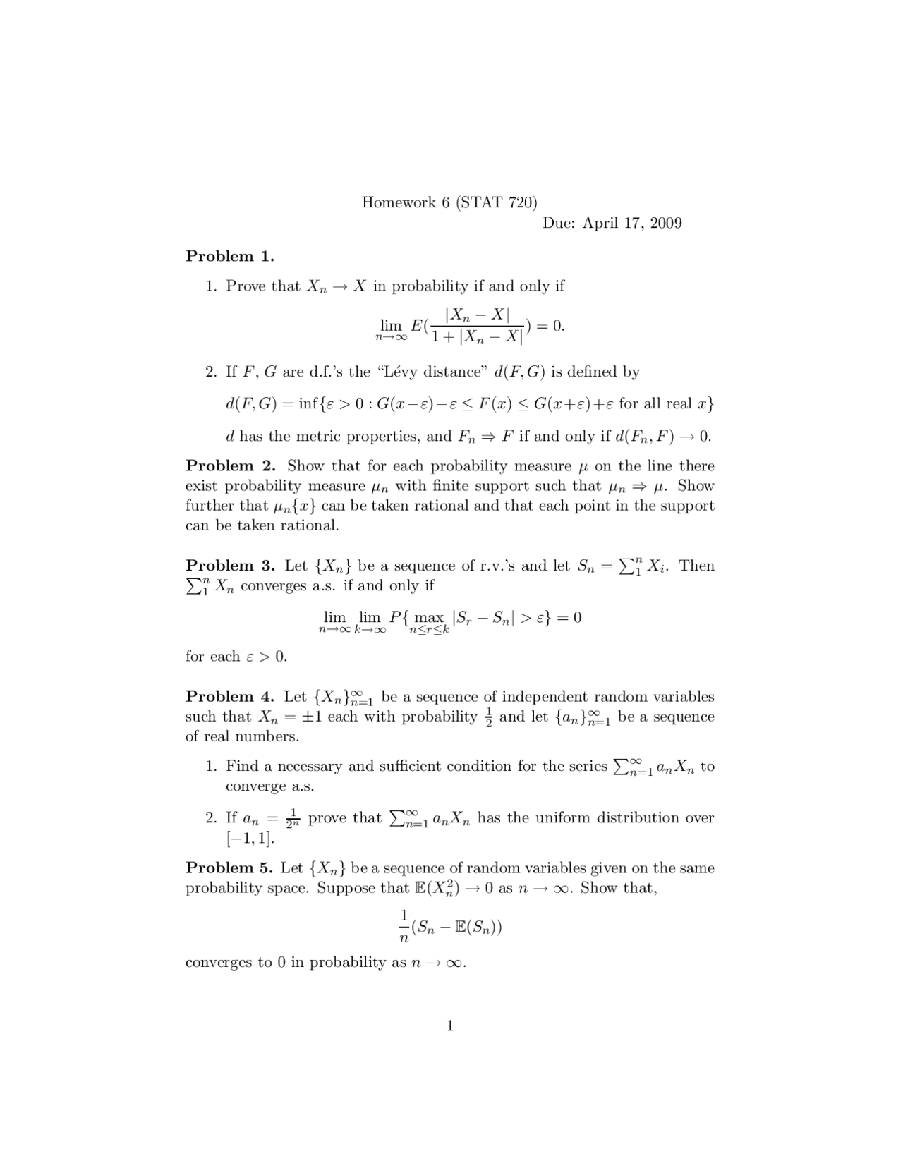 Homework 6 Unsolved Questions - Probability Theory | STAT 720 - Docsity