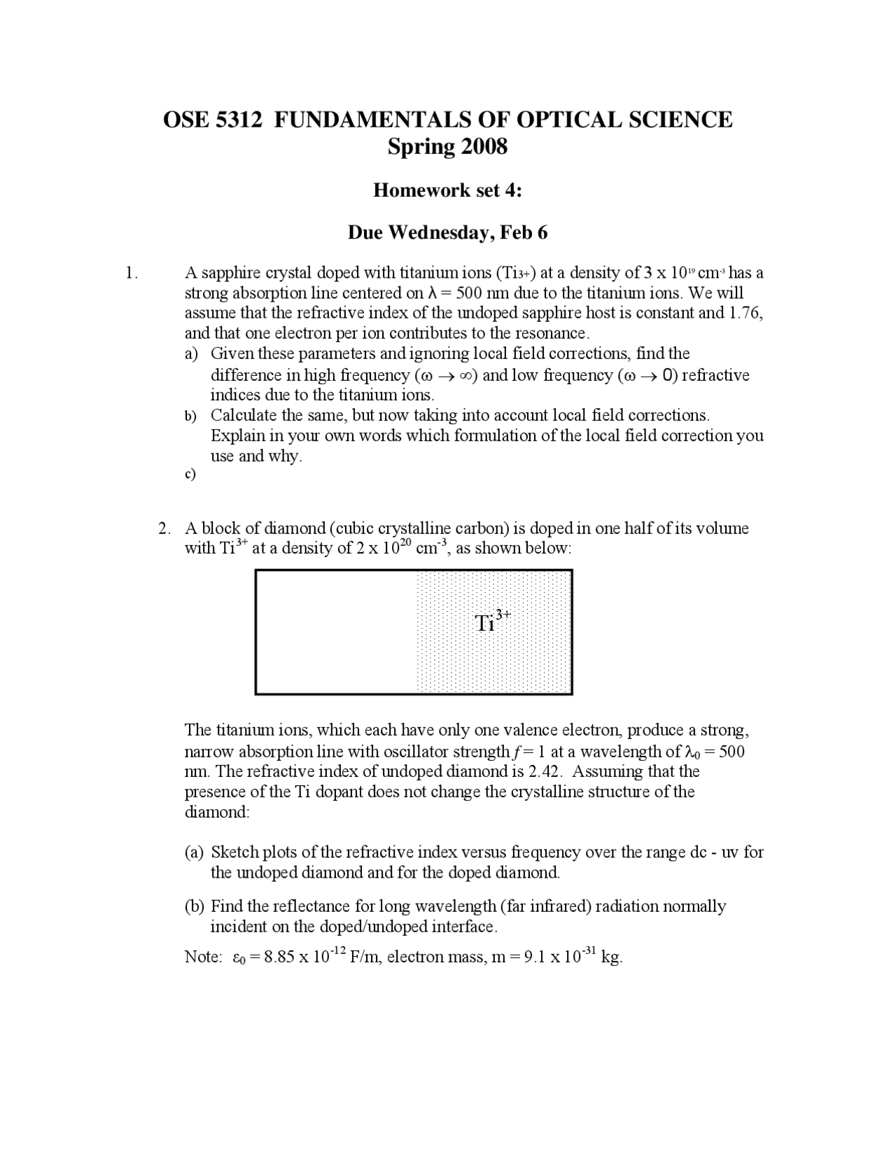 4 Questions On Light Matter Interaction Homework 4 Ose 5312 Docsity