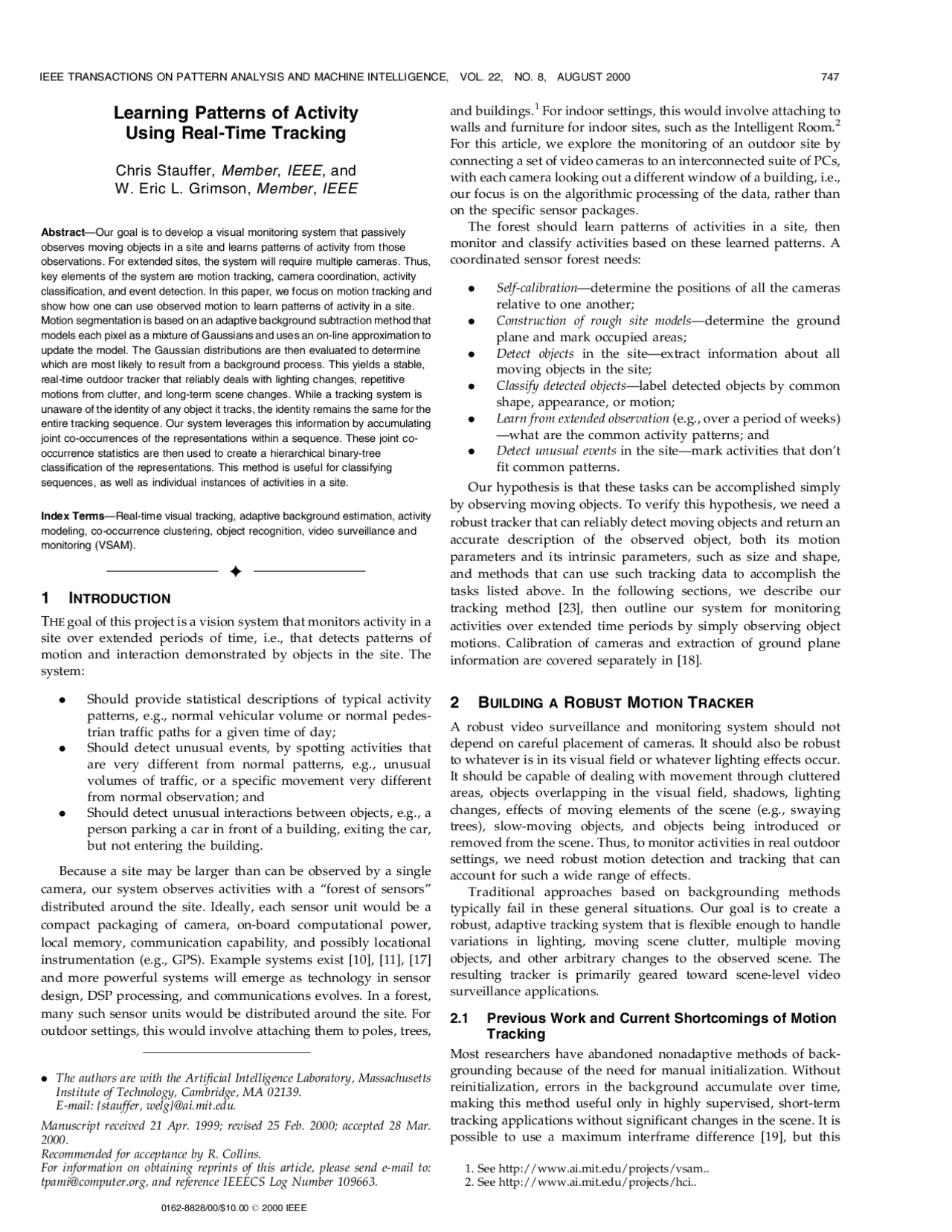 Learning Patterns of Activity Using Real-Time Tracking | CAP 6411 - Docsity